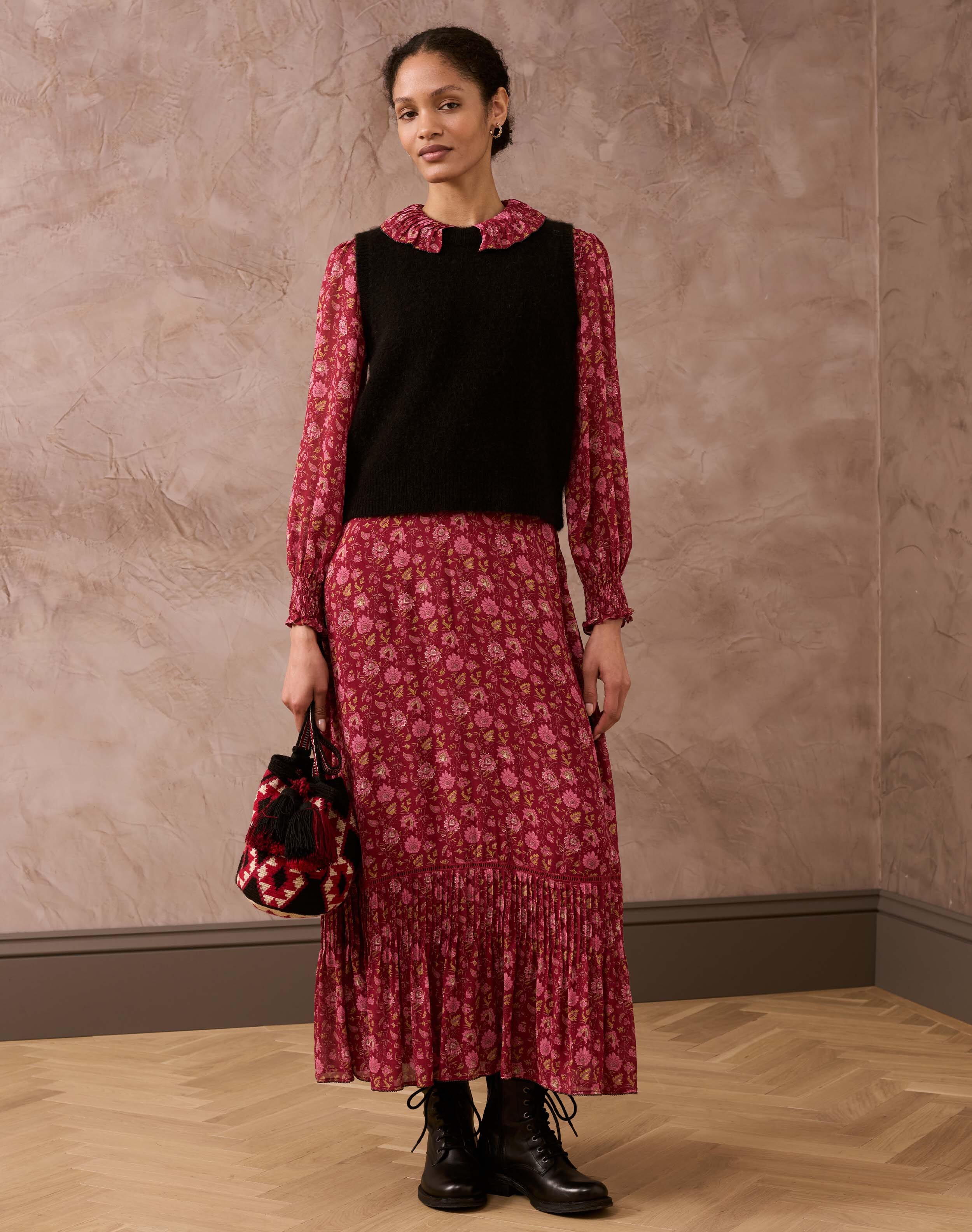 Red Silk Floral Block Print Dress | Women's Dresses | Brora