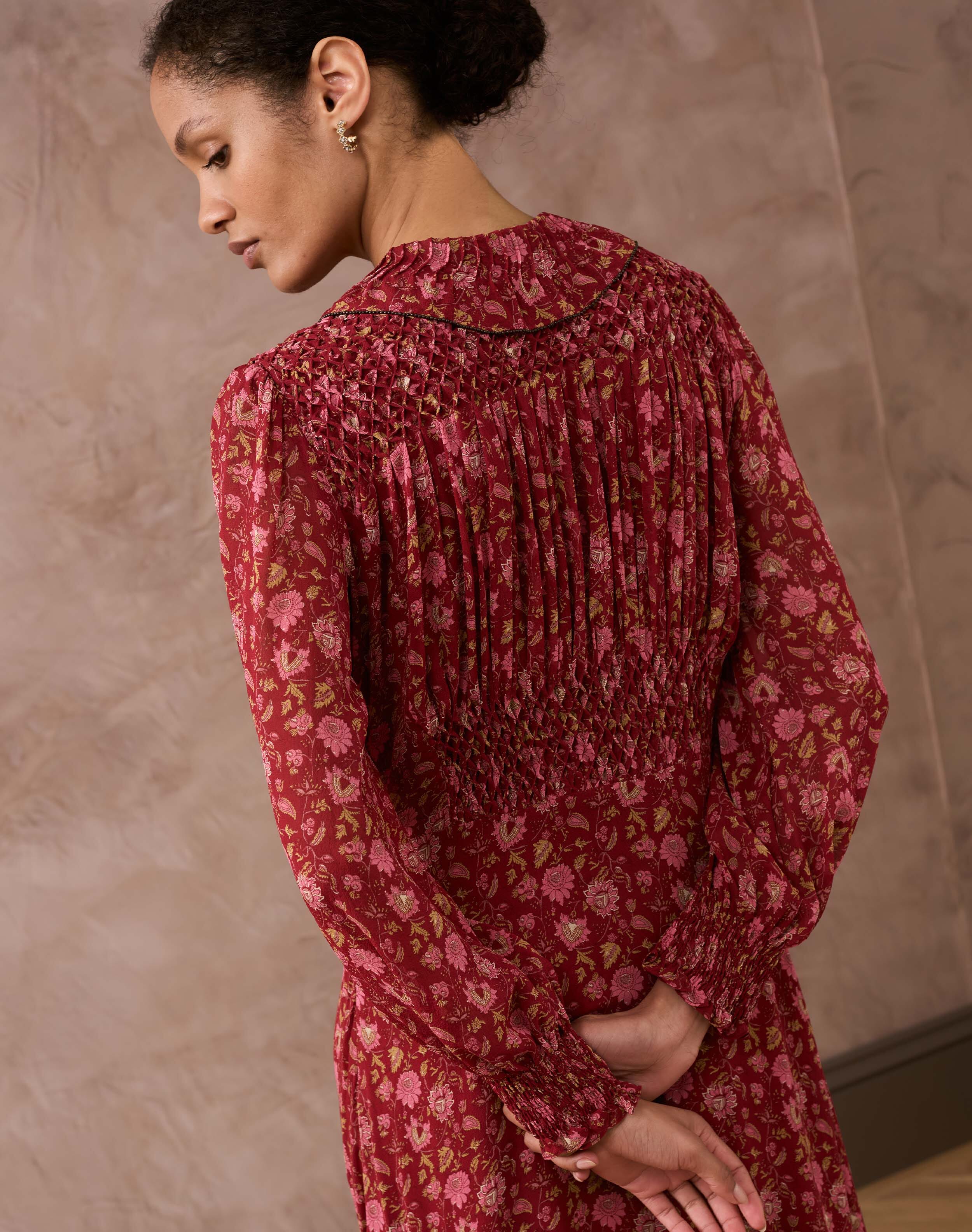 Red Silk Floral Block Print Dress | Women's Dresses | Brora