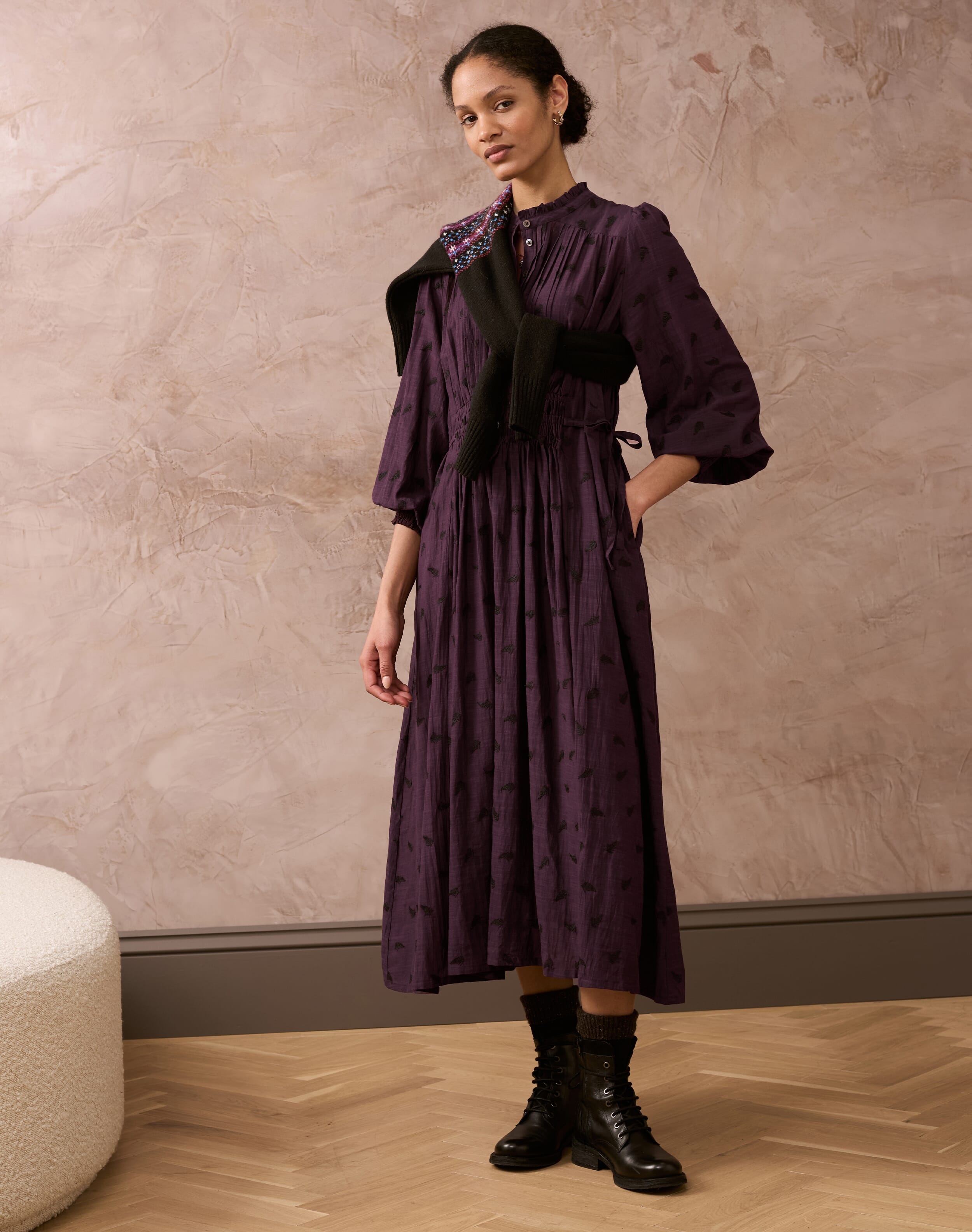 Embroidered Fern Shirt Dress in Aubergine | Brora Sale