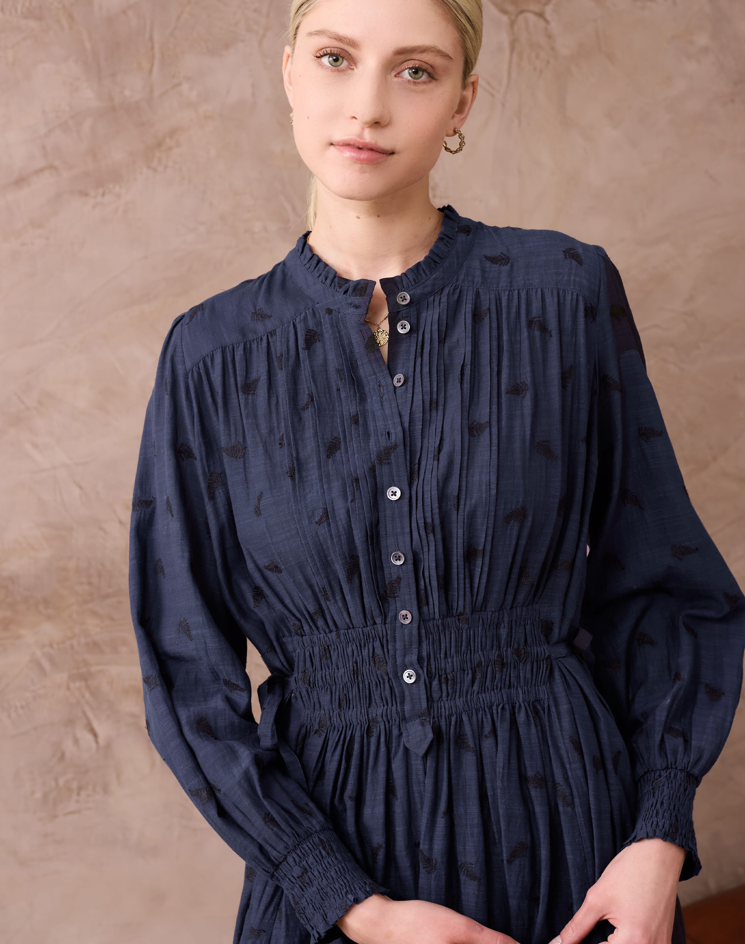 Embroidered Fern Shirt Dress in Navy | Women's Dresses | Brora