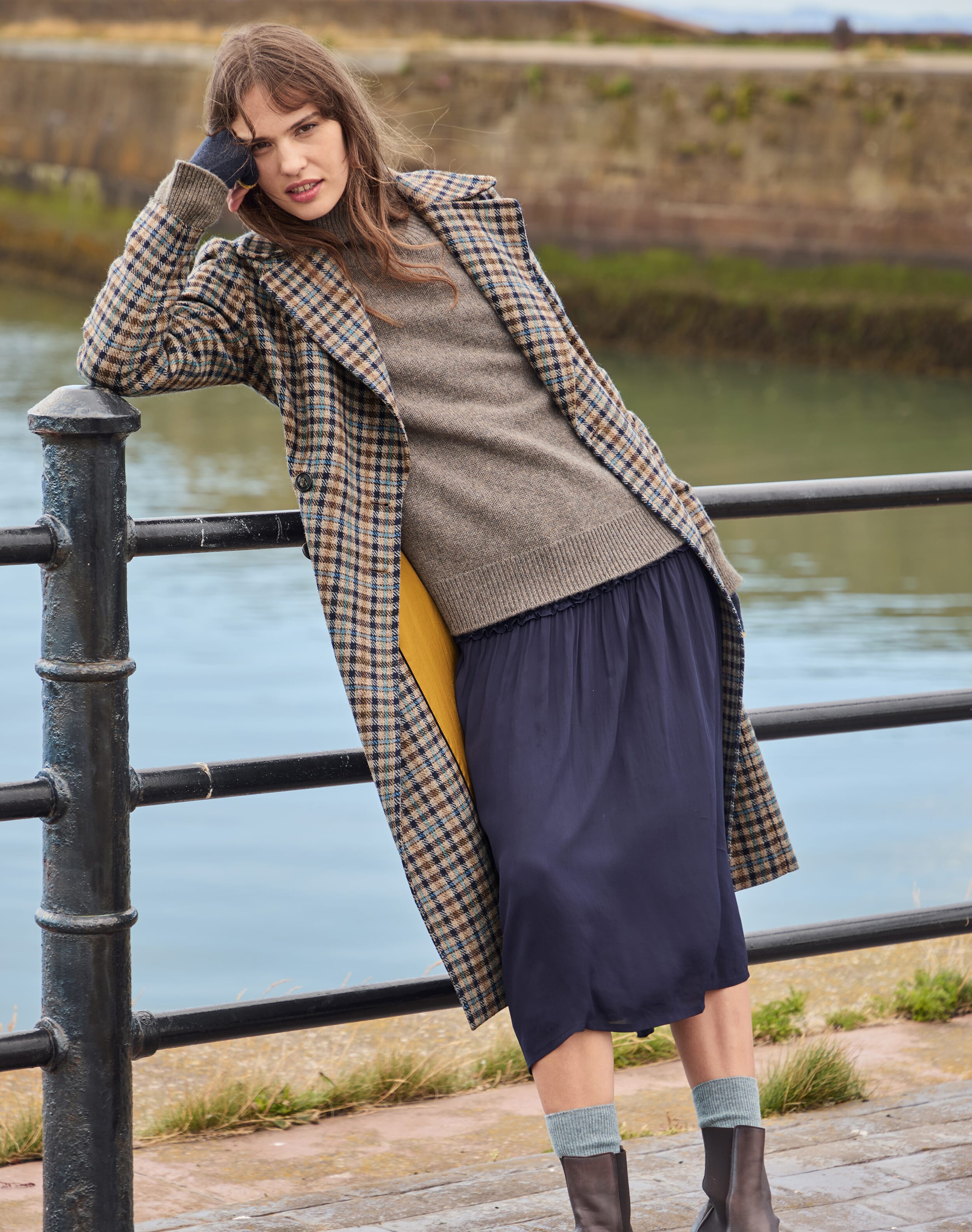 Check Wool Coat in Ash & Navy | Women's Coats | Brora Sale