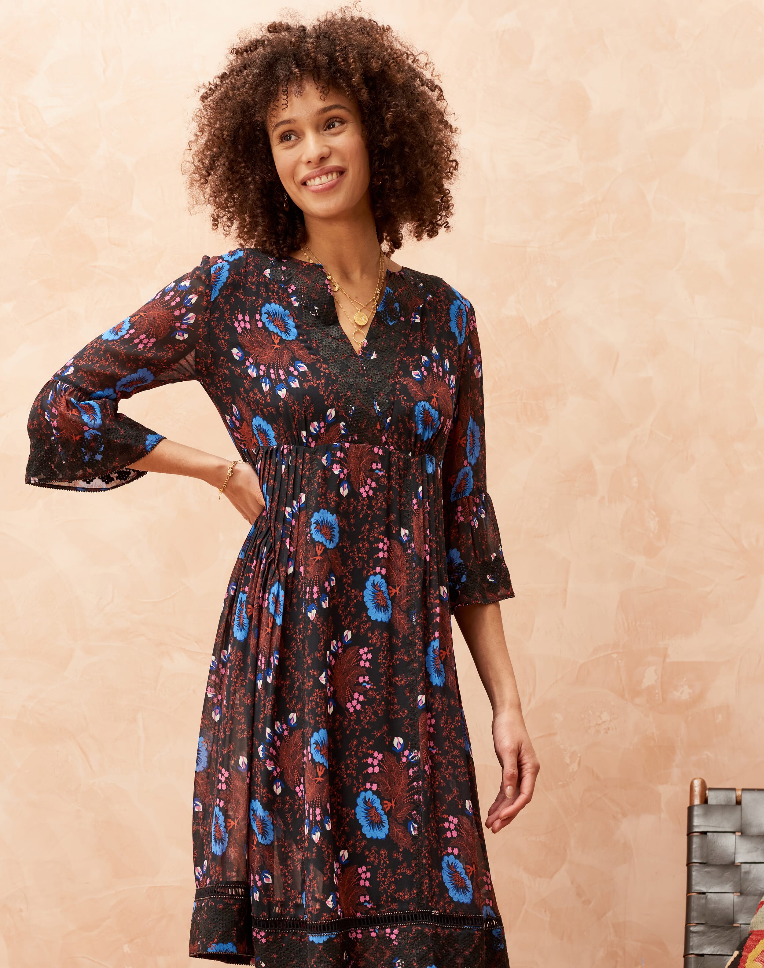 Embroidered Silk Dress in Dusk & Henna | Dresses | Brora