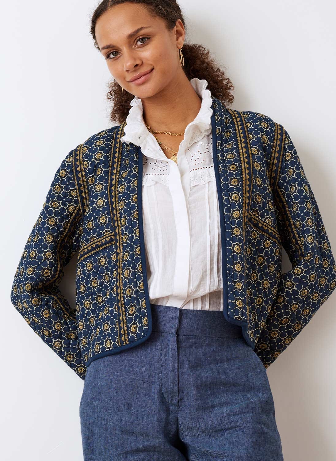 Indigo Cotton Print Quilted Jacket | Women's Jackets | Brora