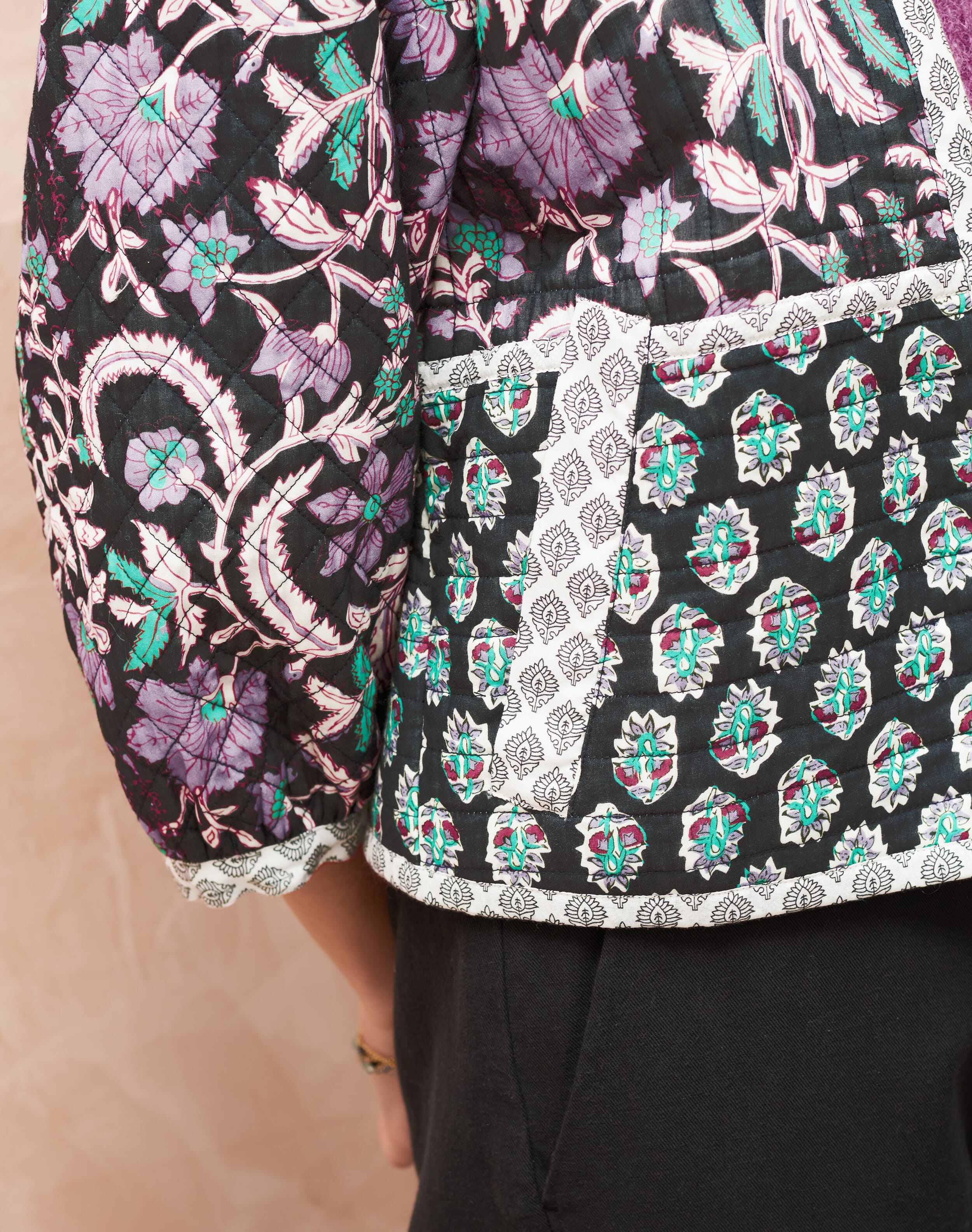 Organic Cotton Block Print Jacket in Charcoal & Lavender | Brora
