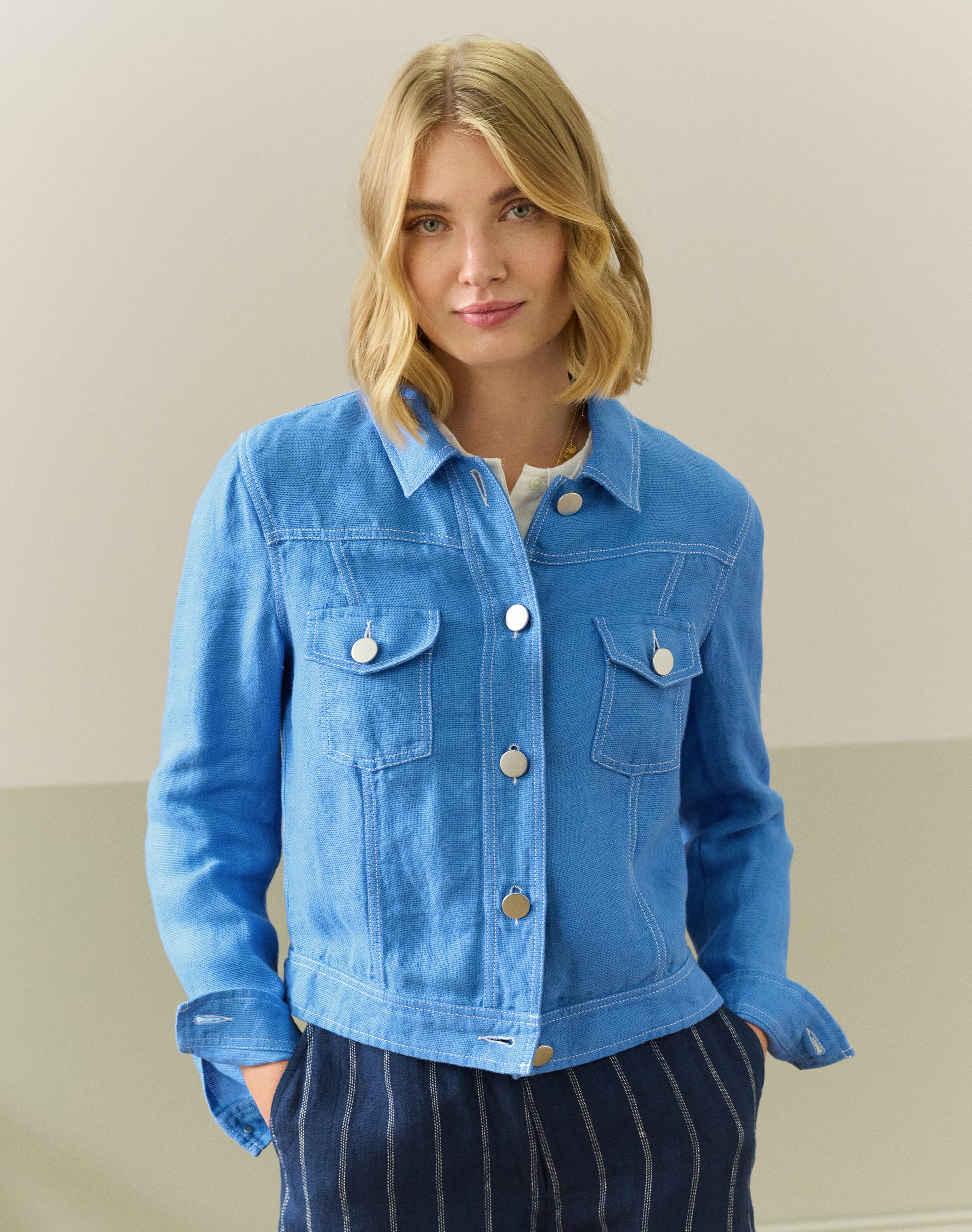 Linen Utility Jacket in Sky Blue | Womenswear | Brora Clearance