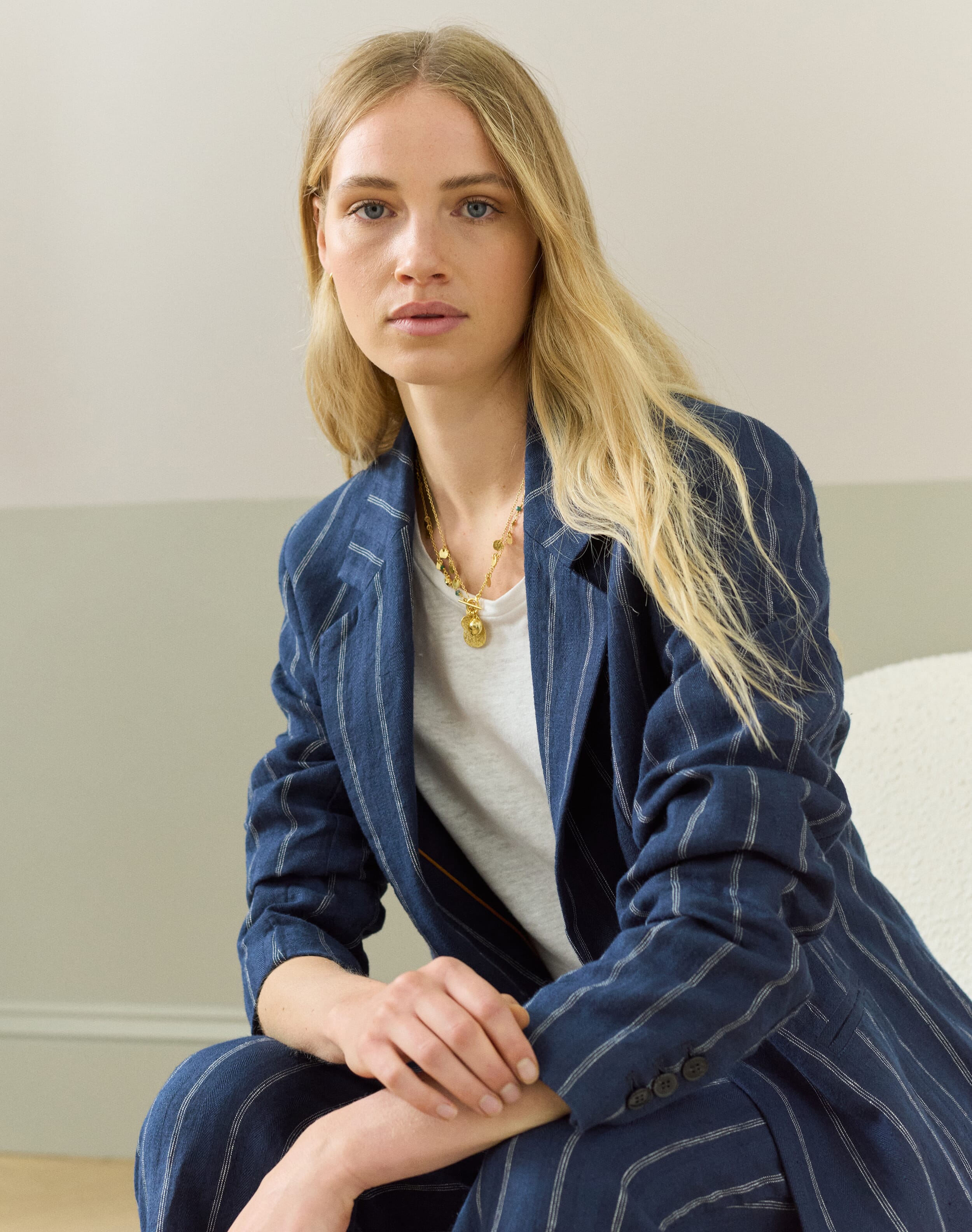 Stripe Linen Blazer in Navy | Women's Jackets | Brora Fashion