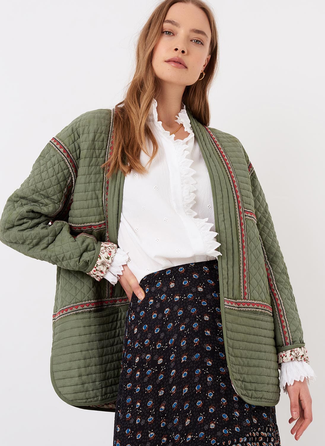 Olive Green Folk Quilted Jacket | Women's Jackets | Brora