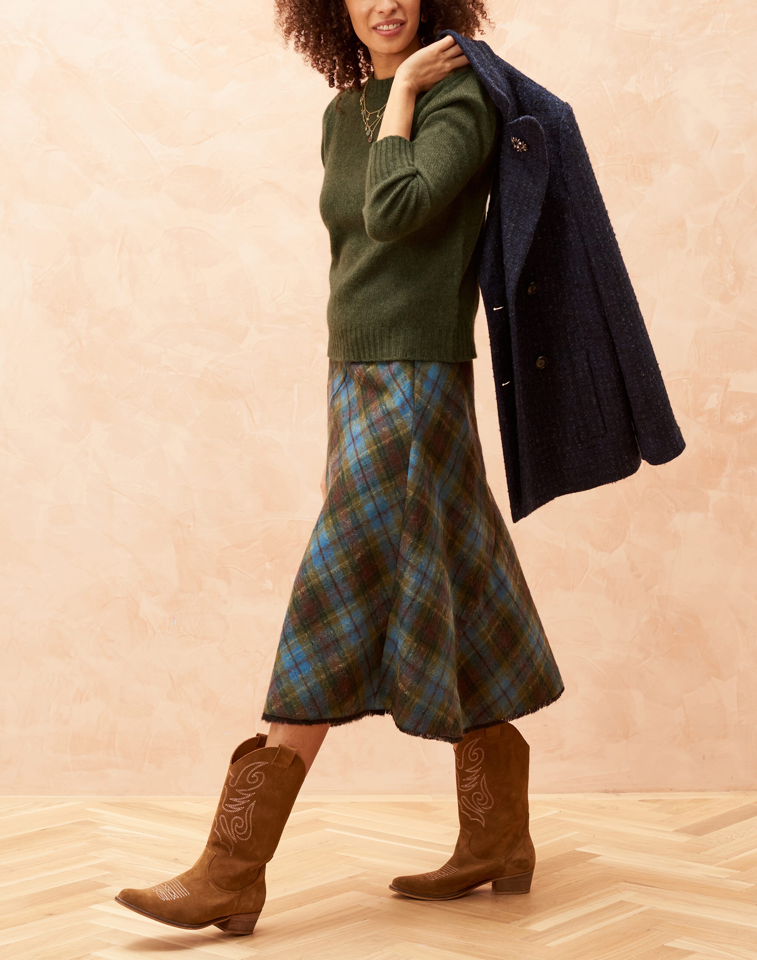 Scottish Mohair Wool Check Skirt in Sorrel & Dusk | Brora
