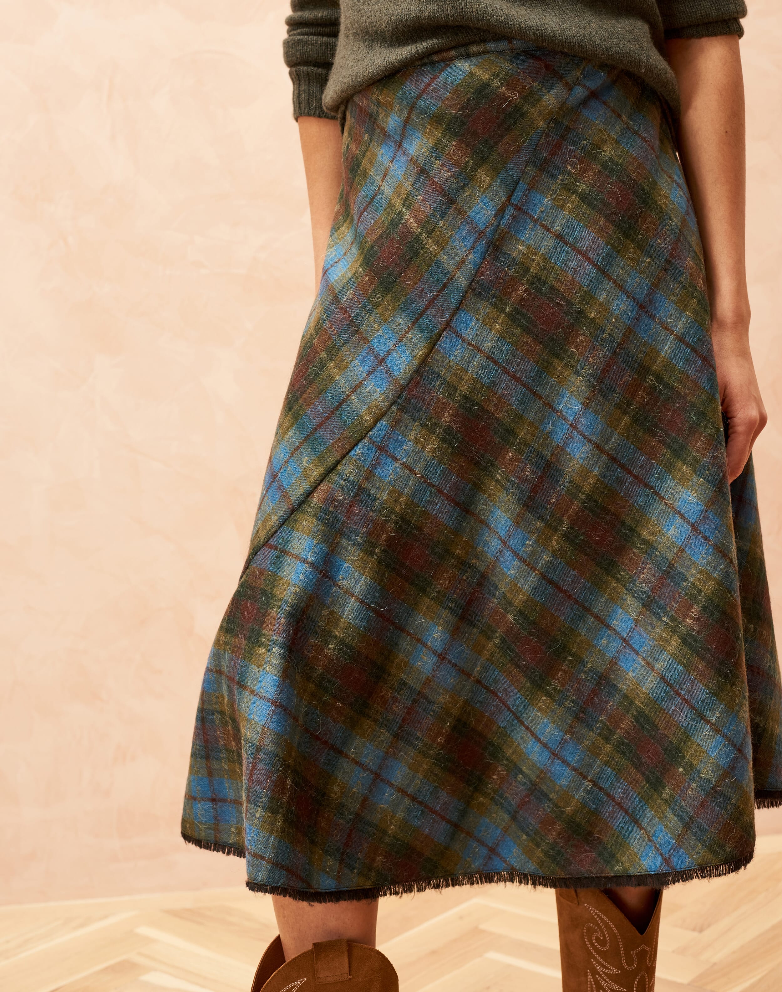 Scottish Mohair Wool Check Skirt in Sorrel & Dusk | Brora