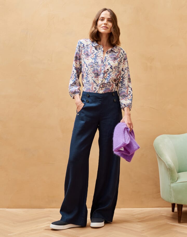 Navy Linen Button Front Trousers | Women's Trousers | Brora Fashion