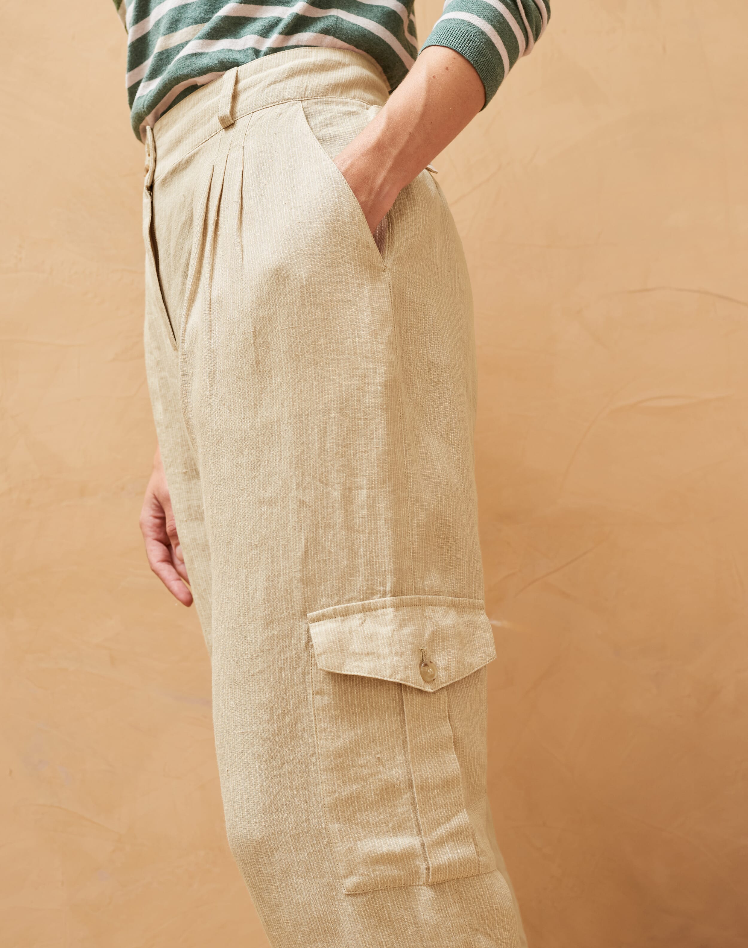 Natural Textured Linen Cargo Trousers | Women's Trousers | Brora Fashion