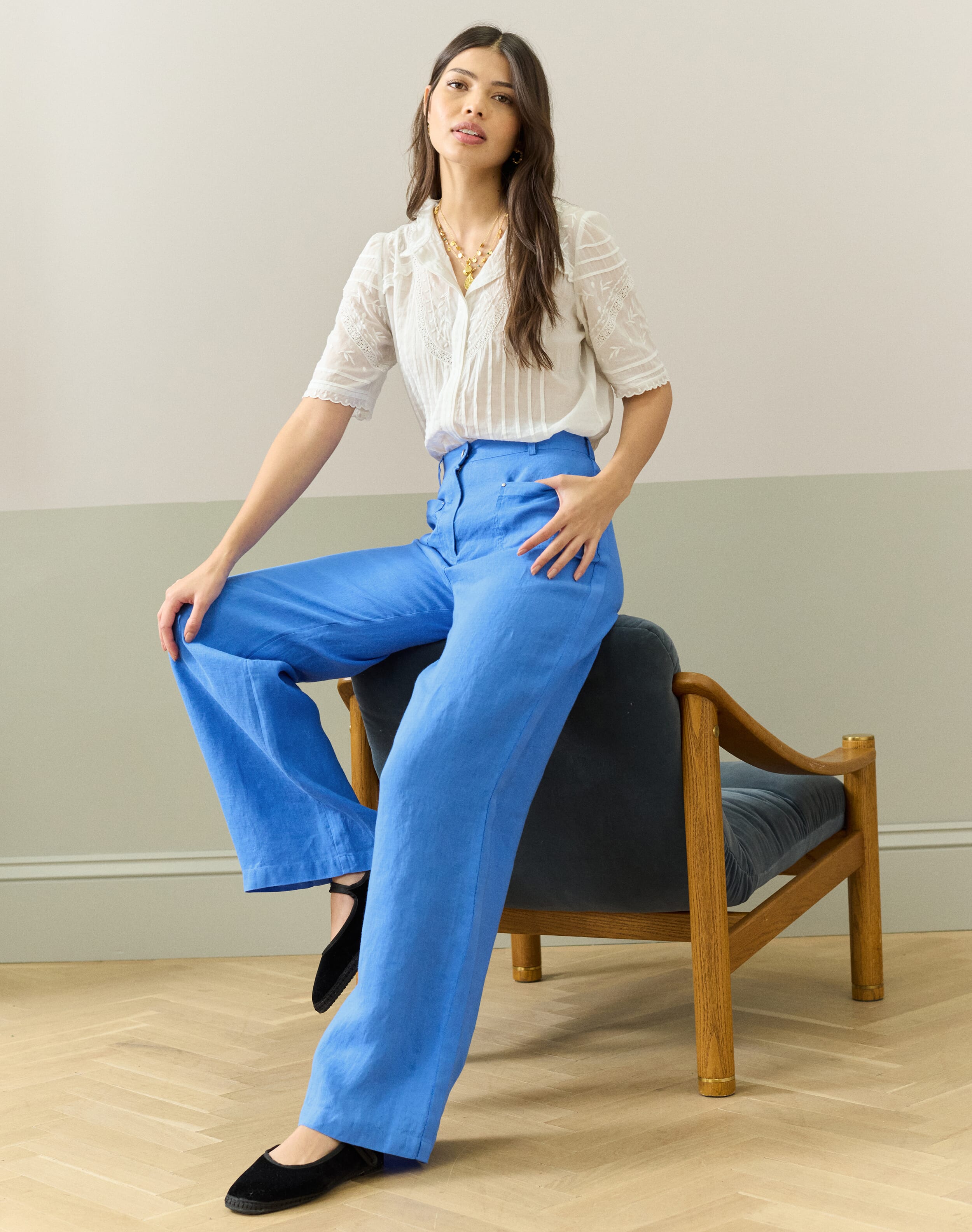 Linen High Waisted Trousers in Sky Blue | Womenswear | Brora