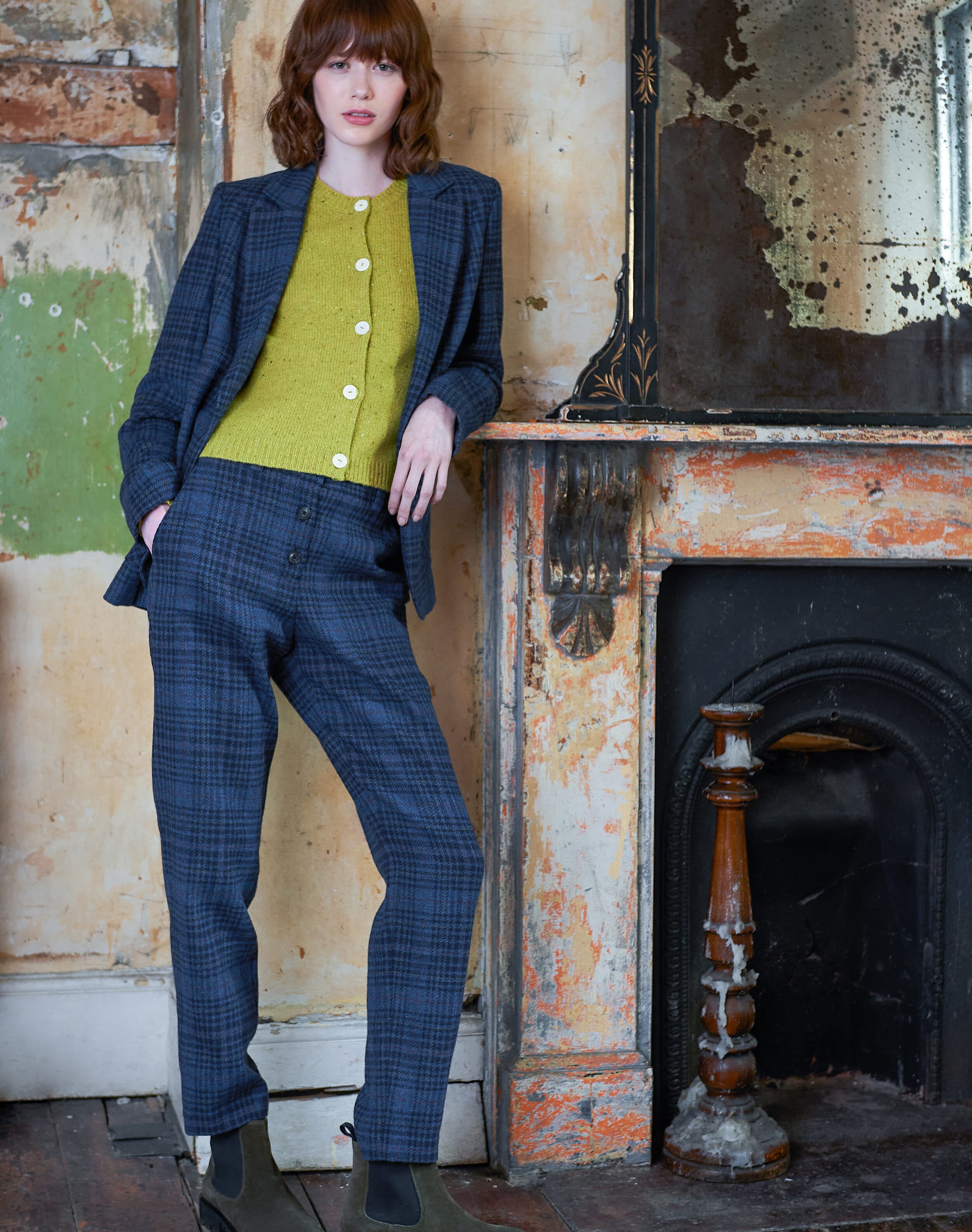 Check Wool Tweed Trousers in Navy & Dusk | Womenswear | Brora