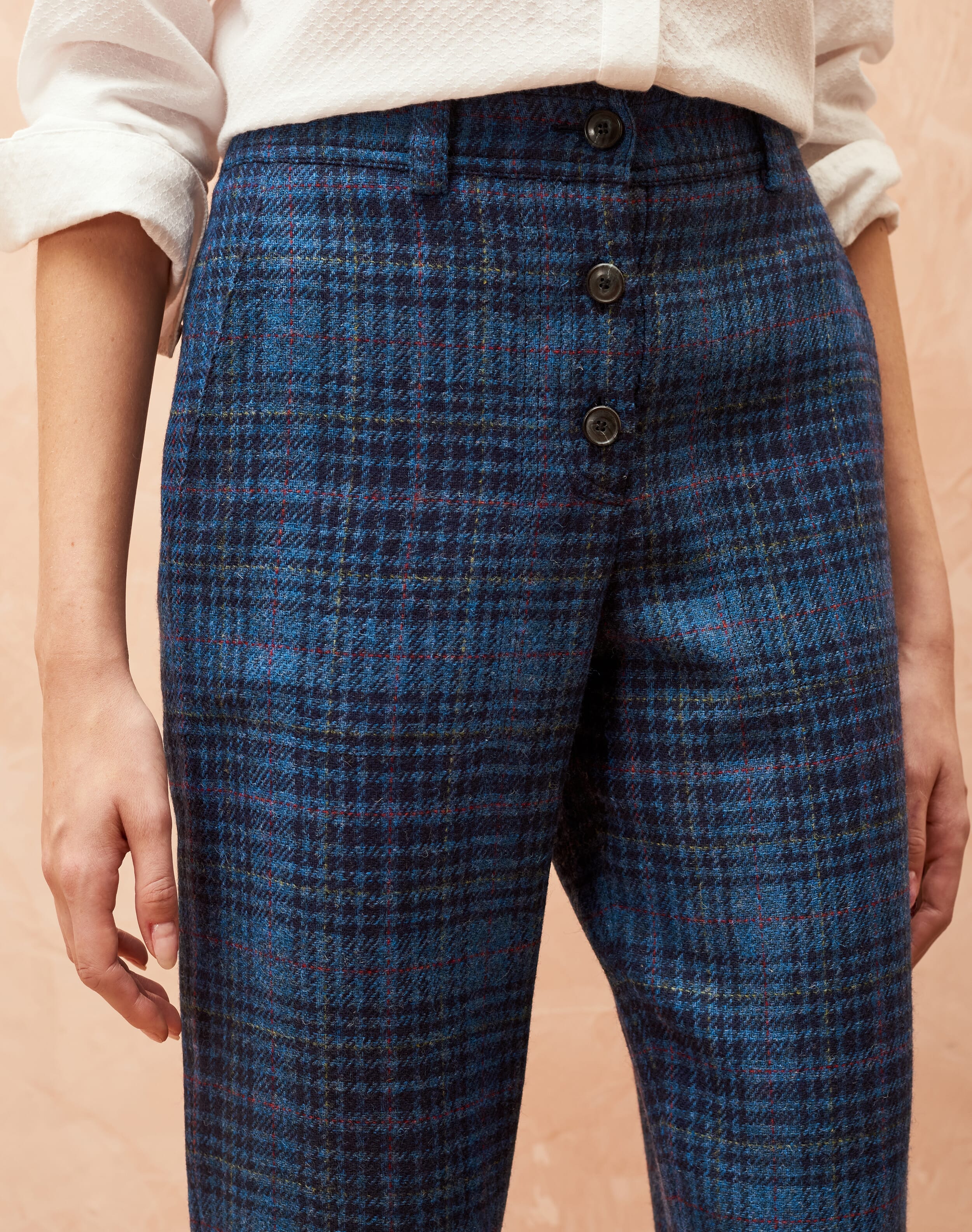 Check Wool Tweed Trousers in Navy & Dusk | Womenswear | Brora