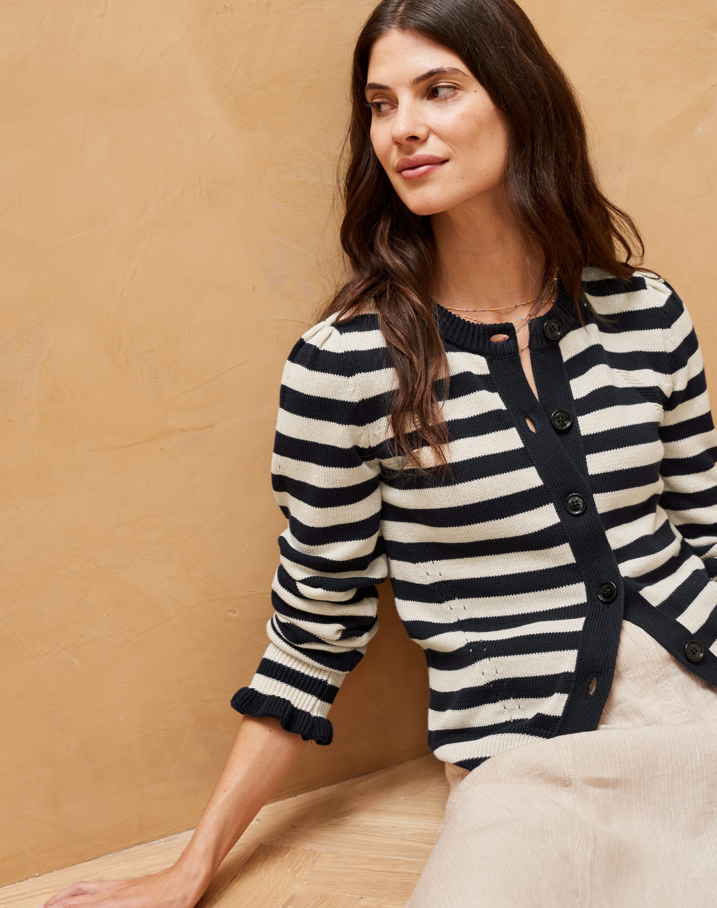 Navy Cotton Stripe Cardigan | Women's Cardigans | Brora Fashion