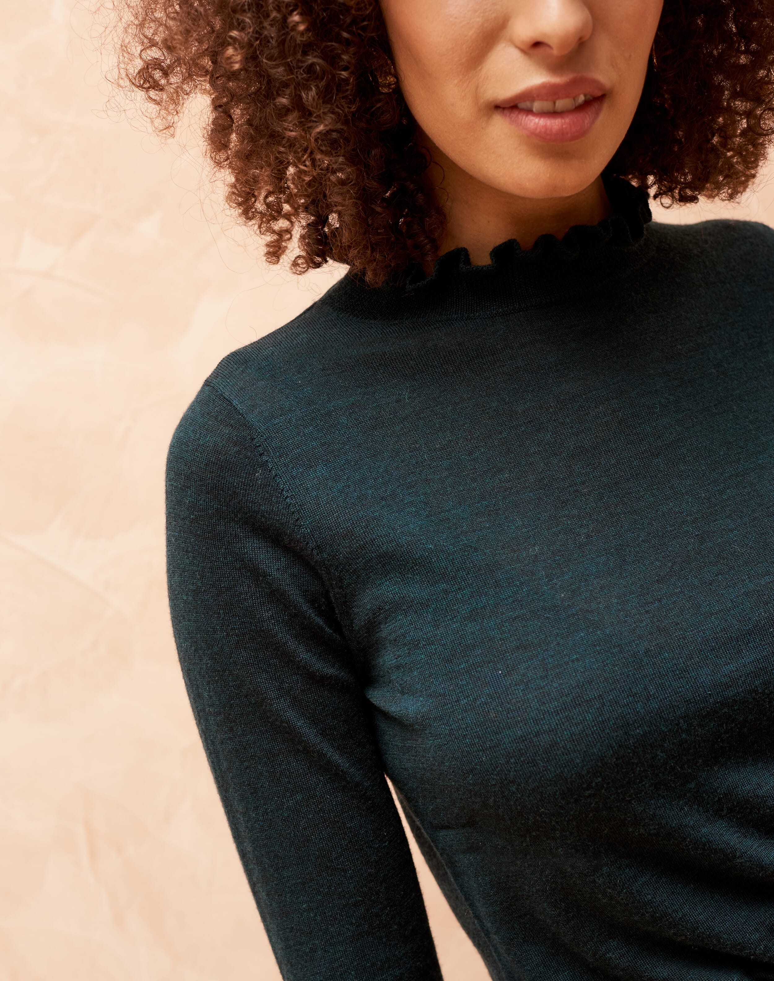 Merino Ruffle Trim Jumper in Ivy | Women's Knitwear | Brora