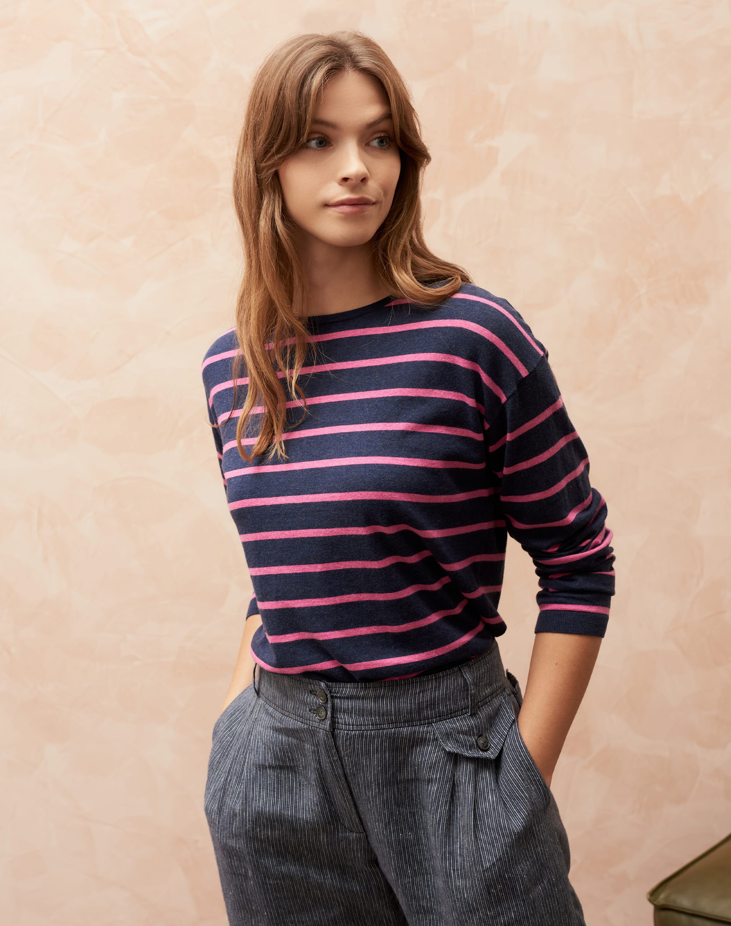 Cotton Knit Breton Stripe T-Shirt in French Navy & Foxglove | Tops | Brora