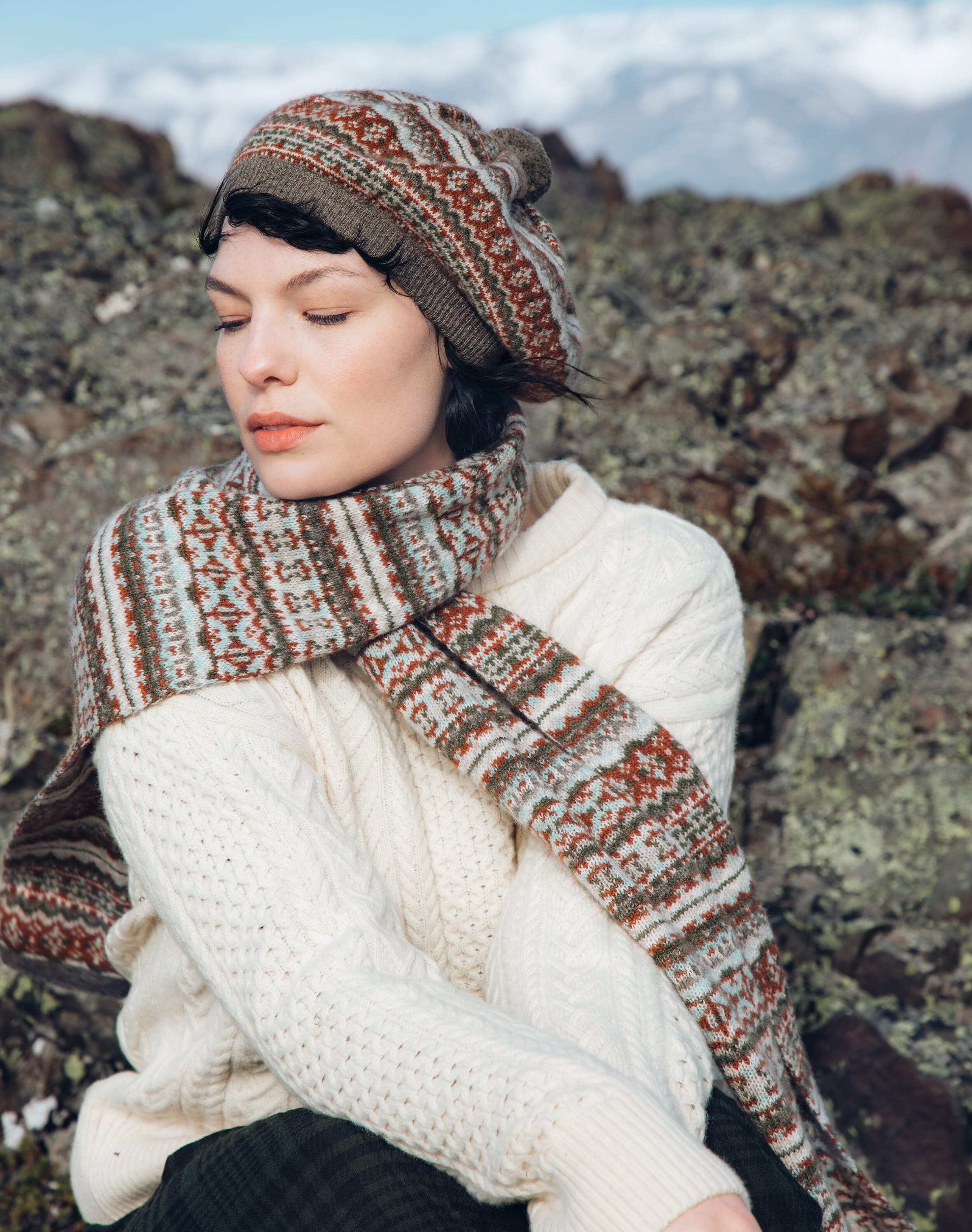Cashmere Fair Isle Beret | Mushroom | Brora Sale