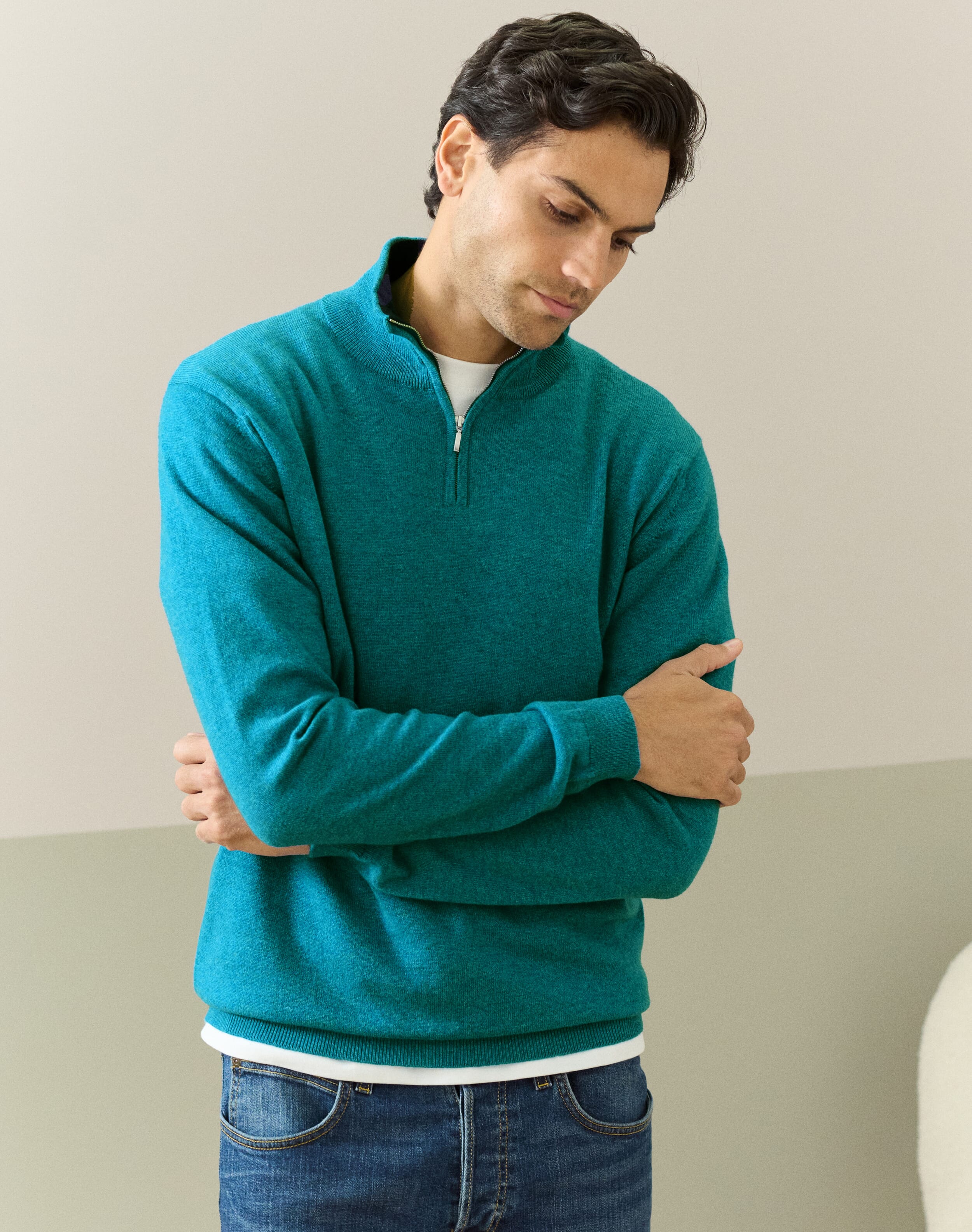 Men's Cashmere Zip Turtle Neck Cardigan in Kingfisher | Brora