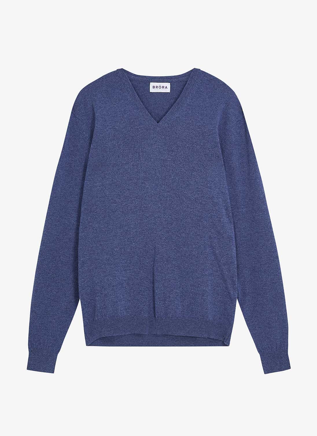 Indigo Cashmere Fine V Neck Jumper | Men's Jumpers & Cardigans | Brora