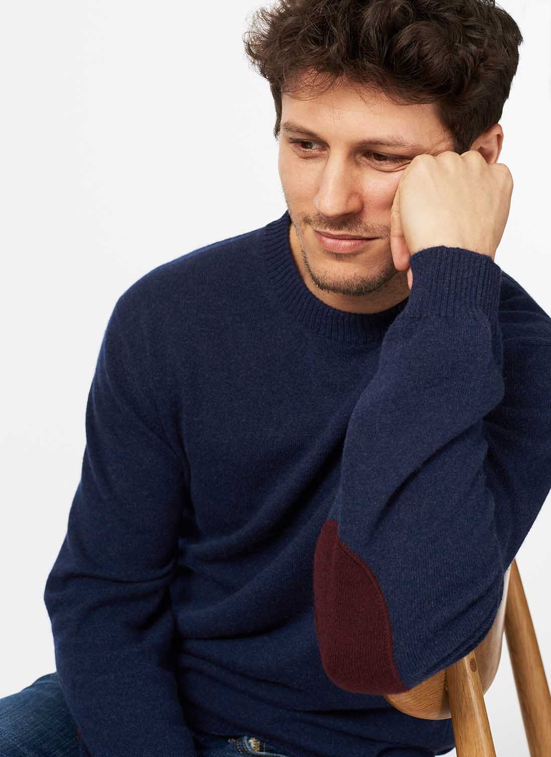 French Navy Cashmere Elbow Patch Jumper | Men's Cashmere | Brora