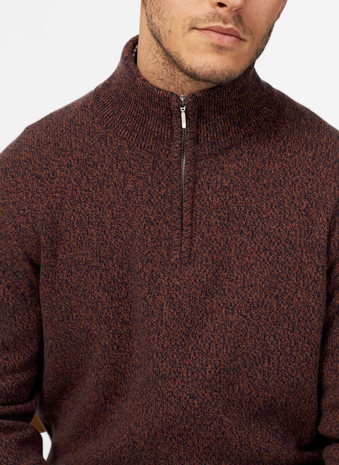 Men's French Navy & Rust Cashmere Marl Zip Turtle Neck | Brora