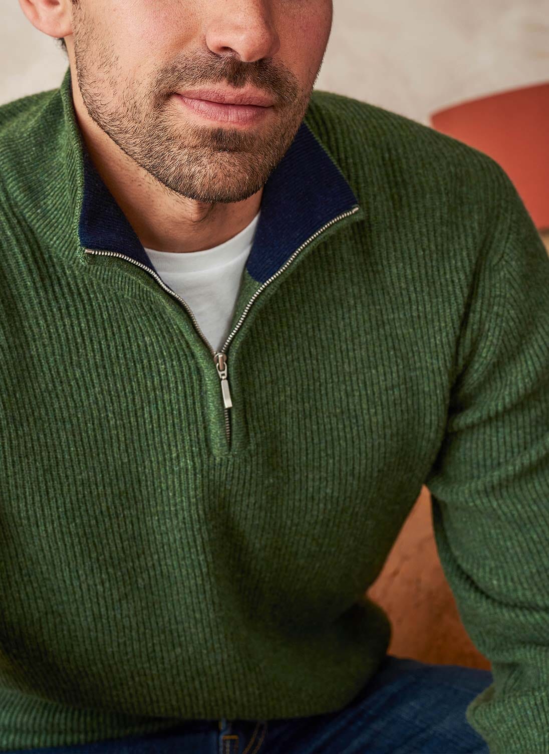 Men's Cashmere Ribbed Zip Turtle Neck in Tarragon | Brora