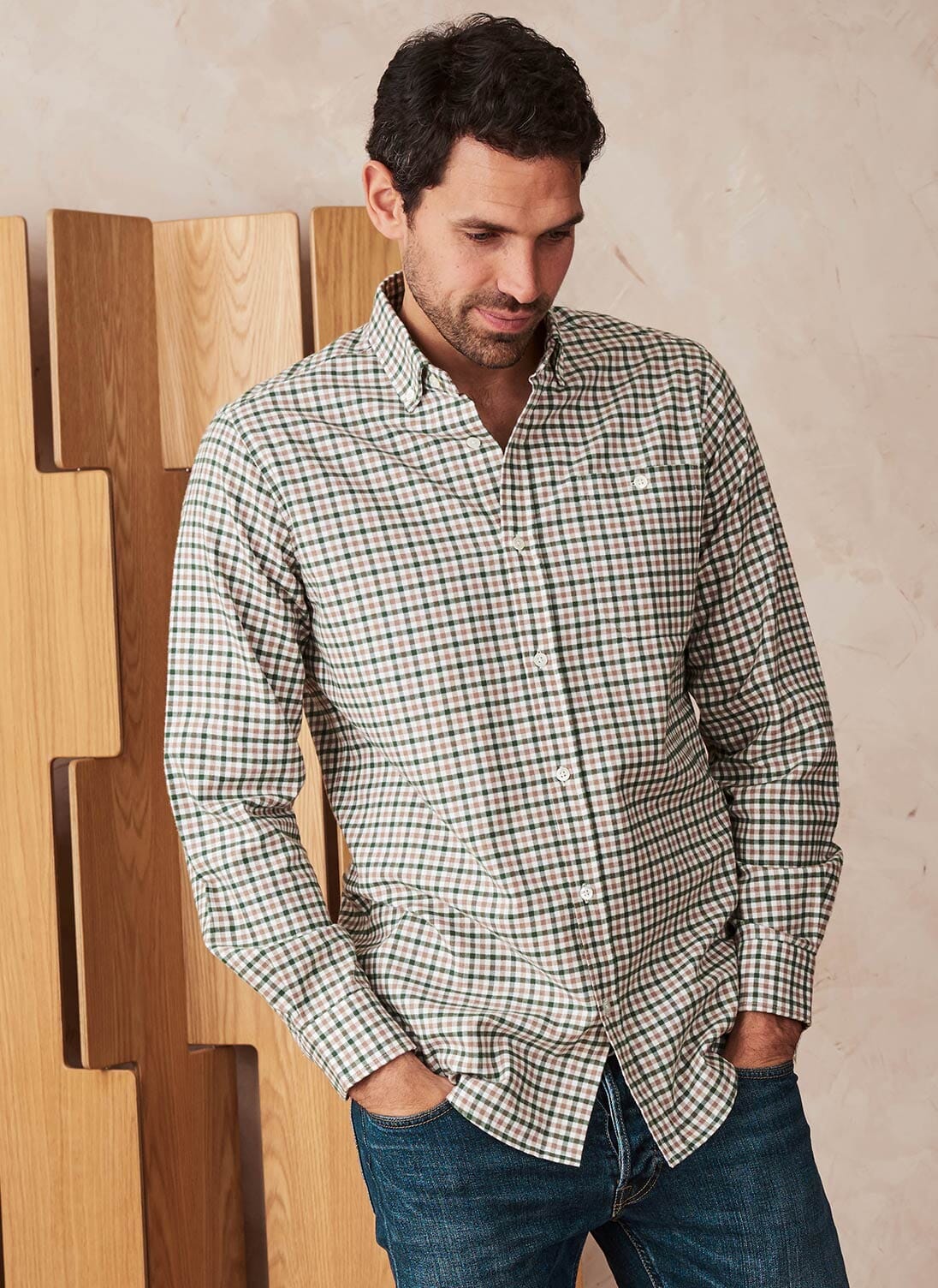 Pine & Sand Brushed Cotton Gingham Shirt | Menswear | Brora