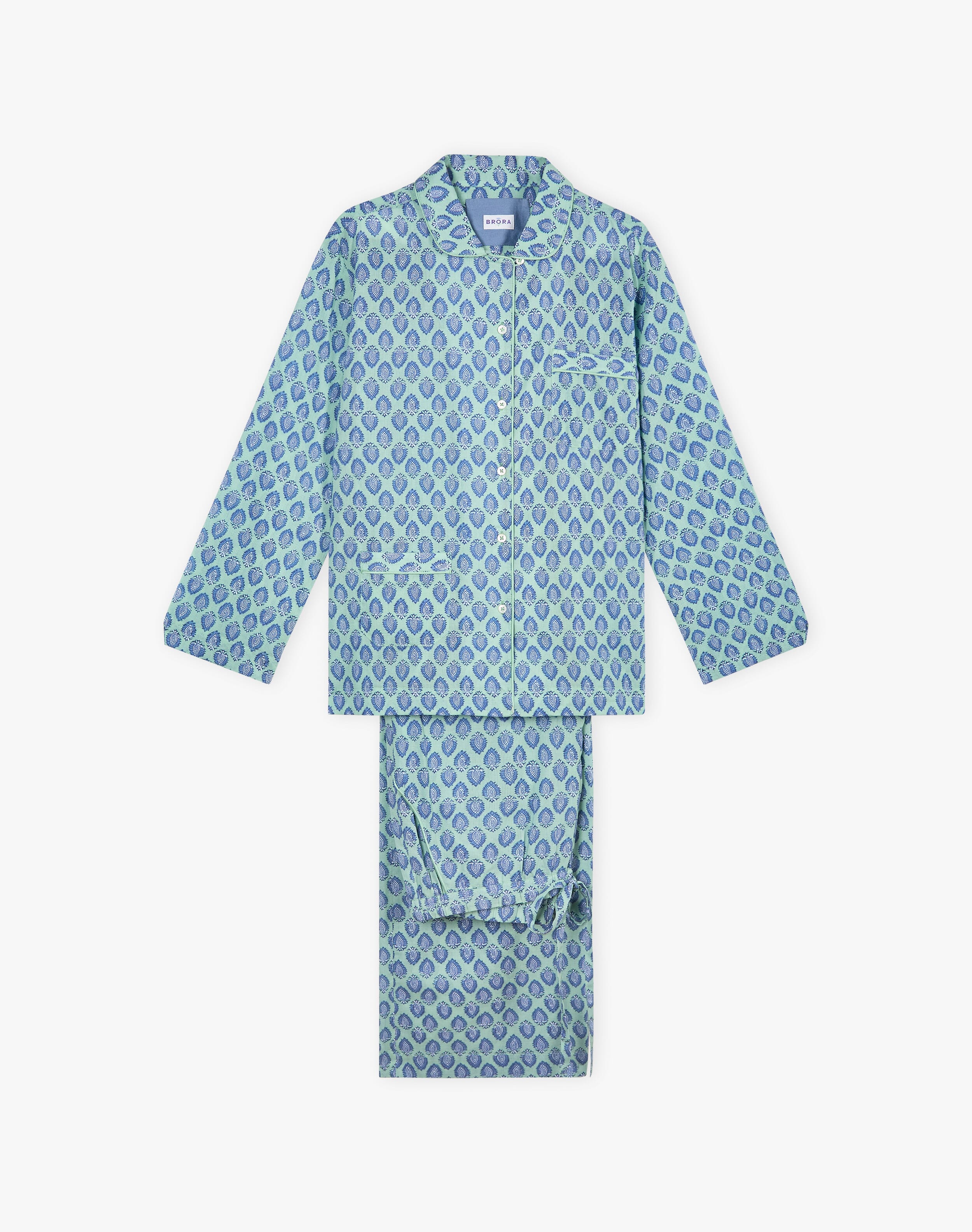 Organic Cotton Block Print Pyjamas in Thyme & Sky | Brora