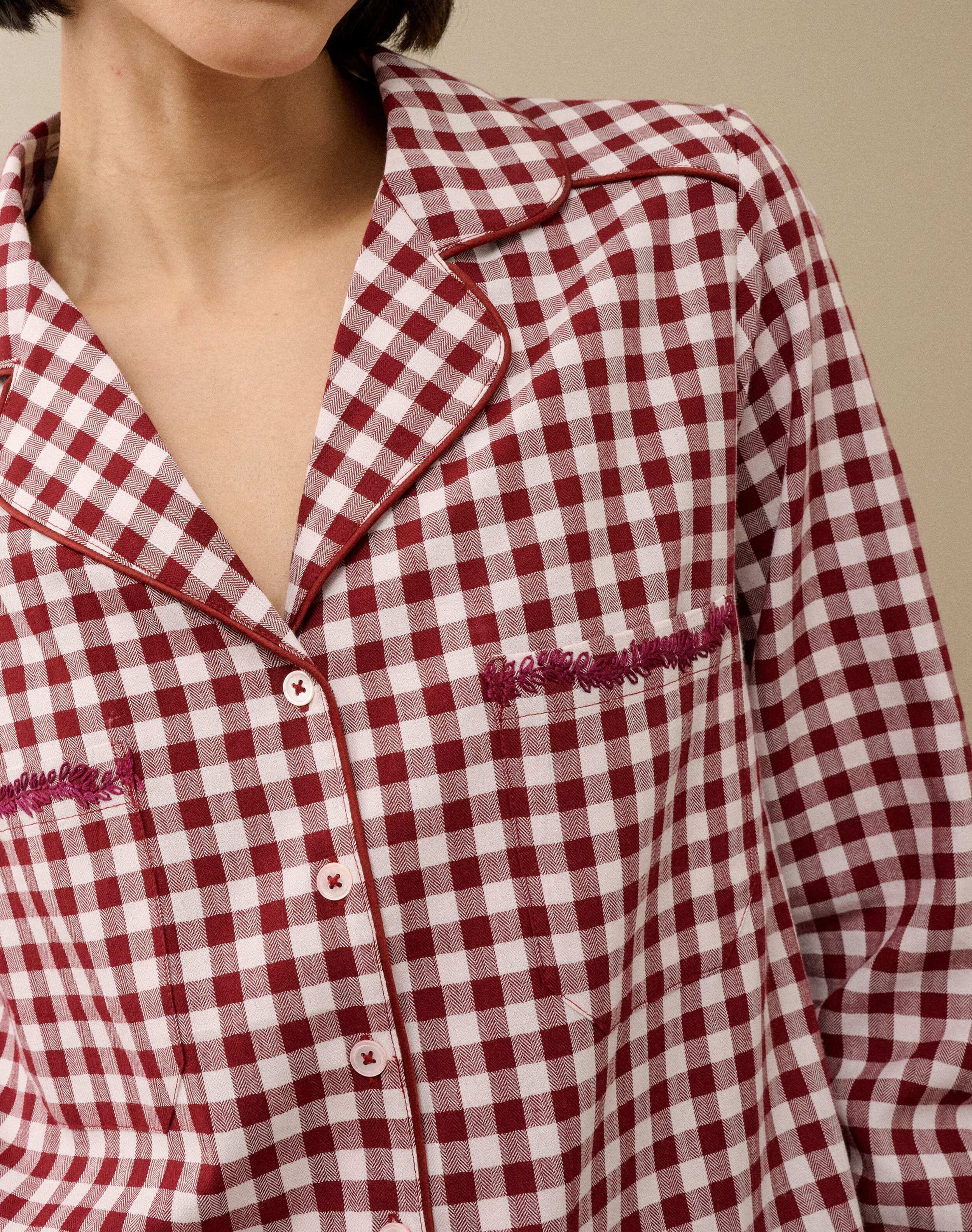 Embroidered Cotton Gingham Pyjamas in Mulberry | Brora Offers