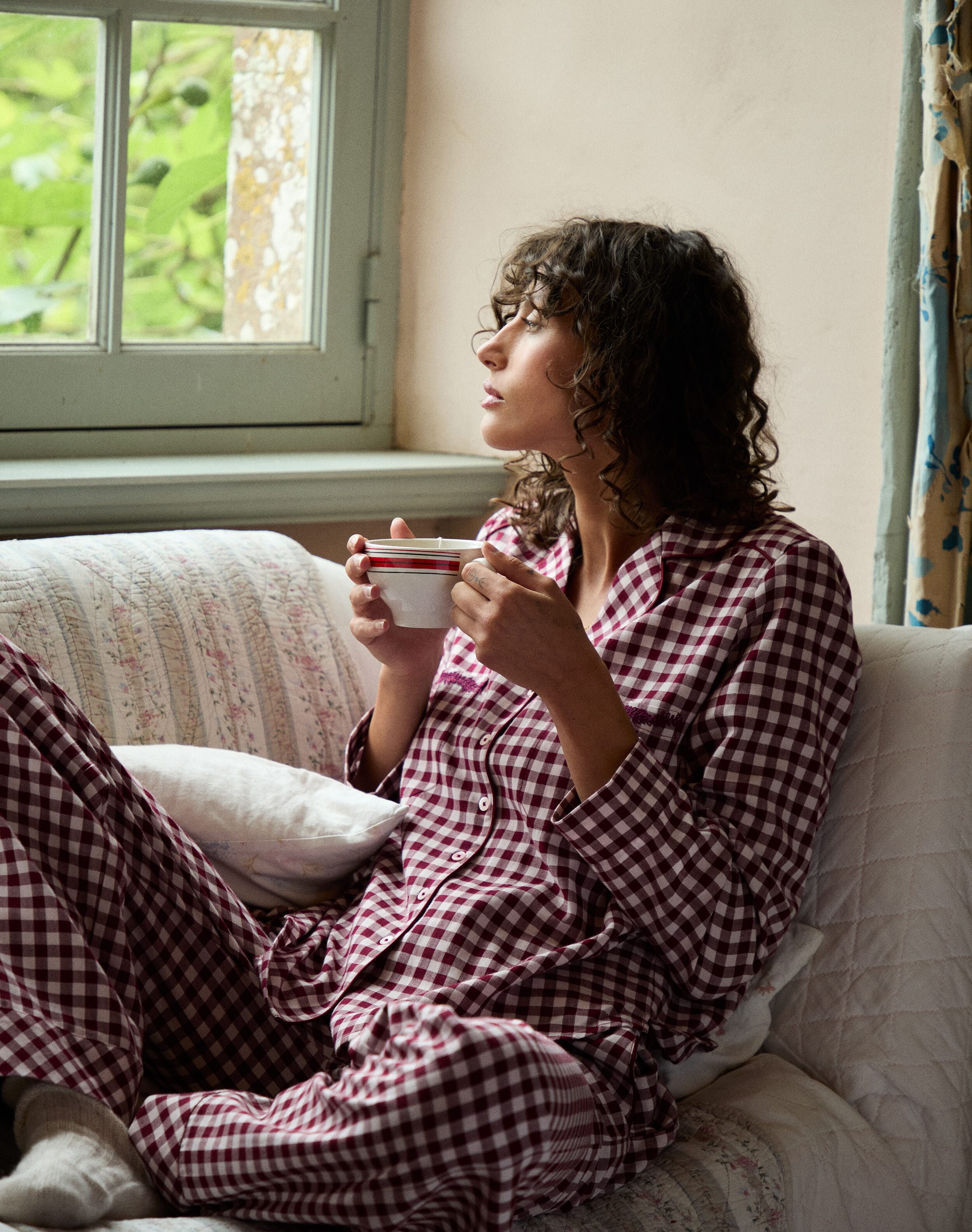 Embroidered Cotton Gingham Pyjamas in Mulberry | Brora Offers