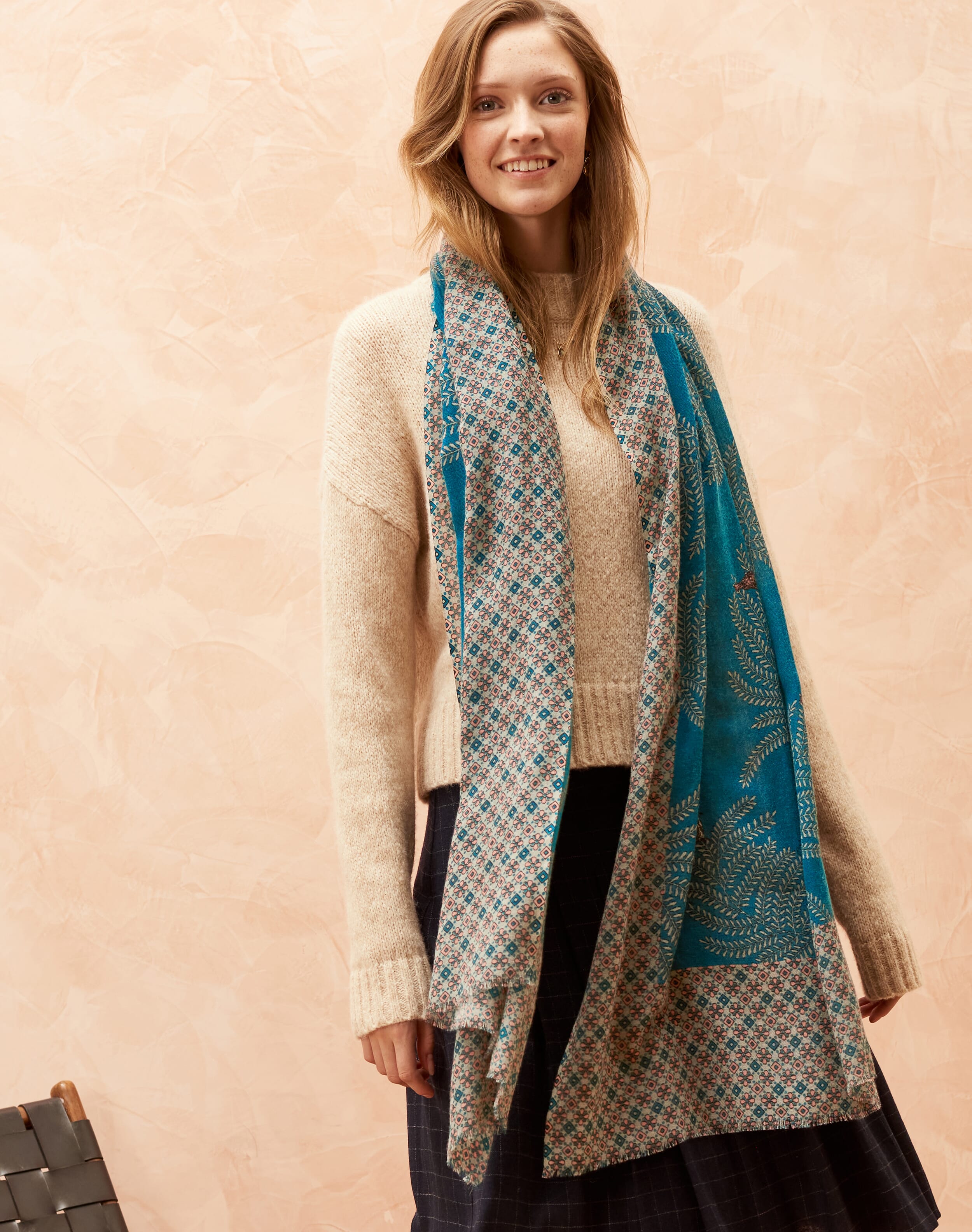 Wool Bird Print Stole in Teal | Accessories | Brora