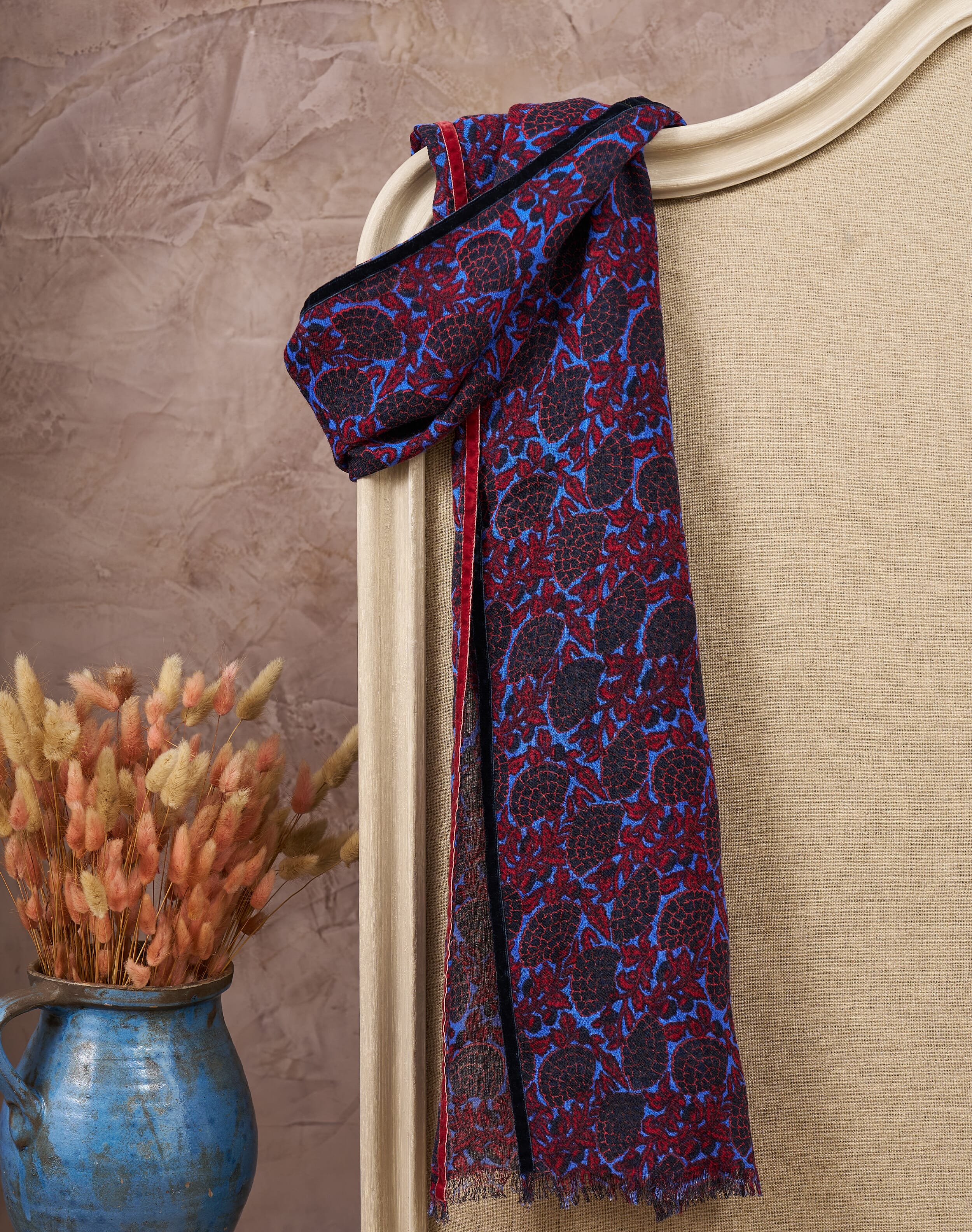 Wool Floral Fan Print Stole in China Blue | Accessories | Brora
