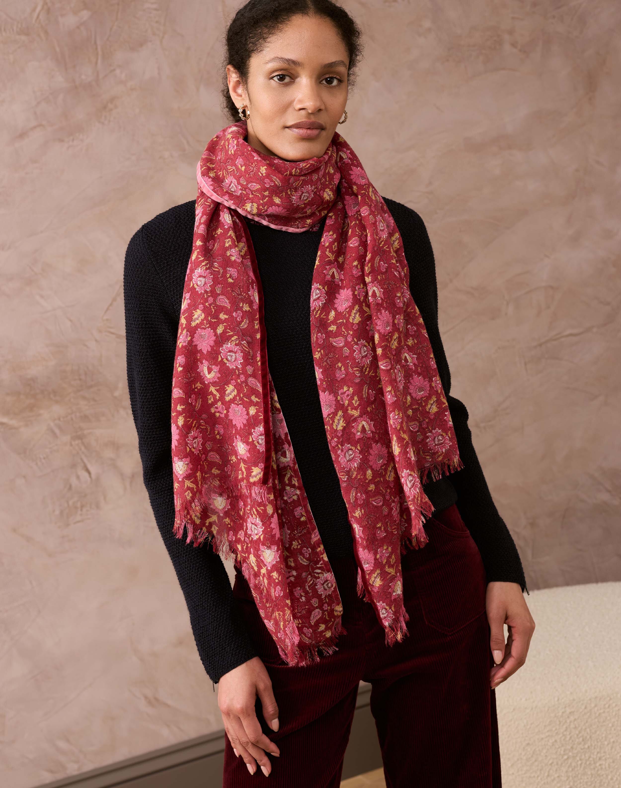 Red Wool Floral Block Print Stole | Accessories | Brora