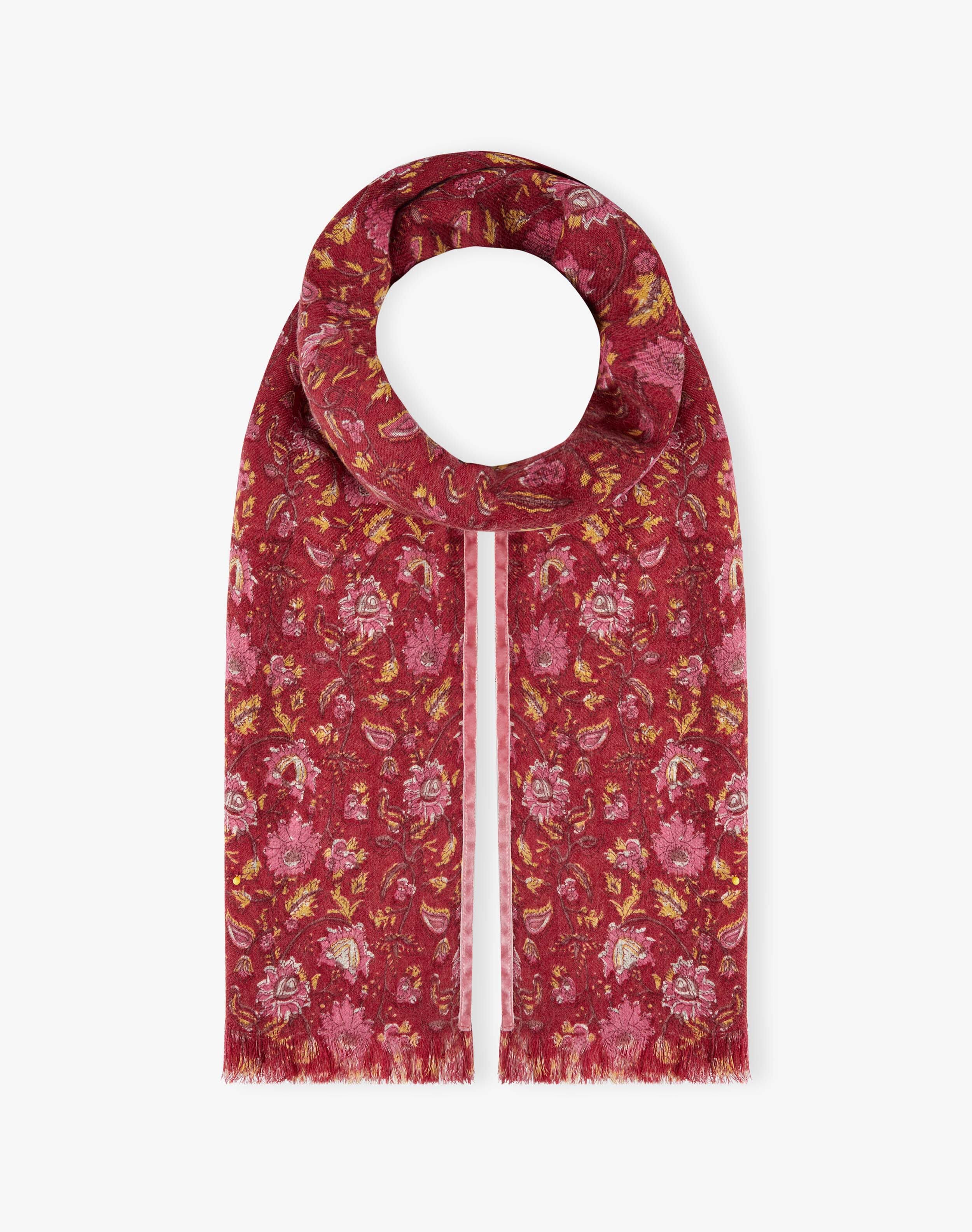 Red Wool Floral Block Print Stole | Accessories | Brora