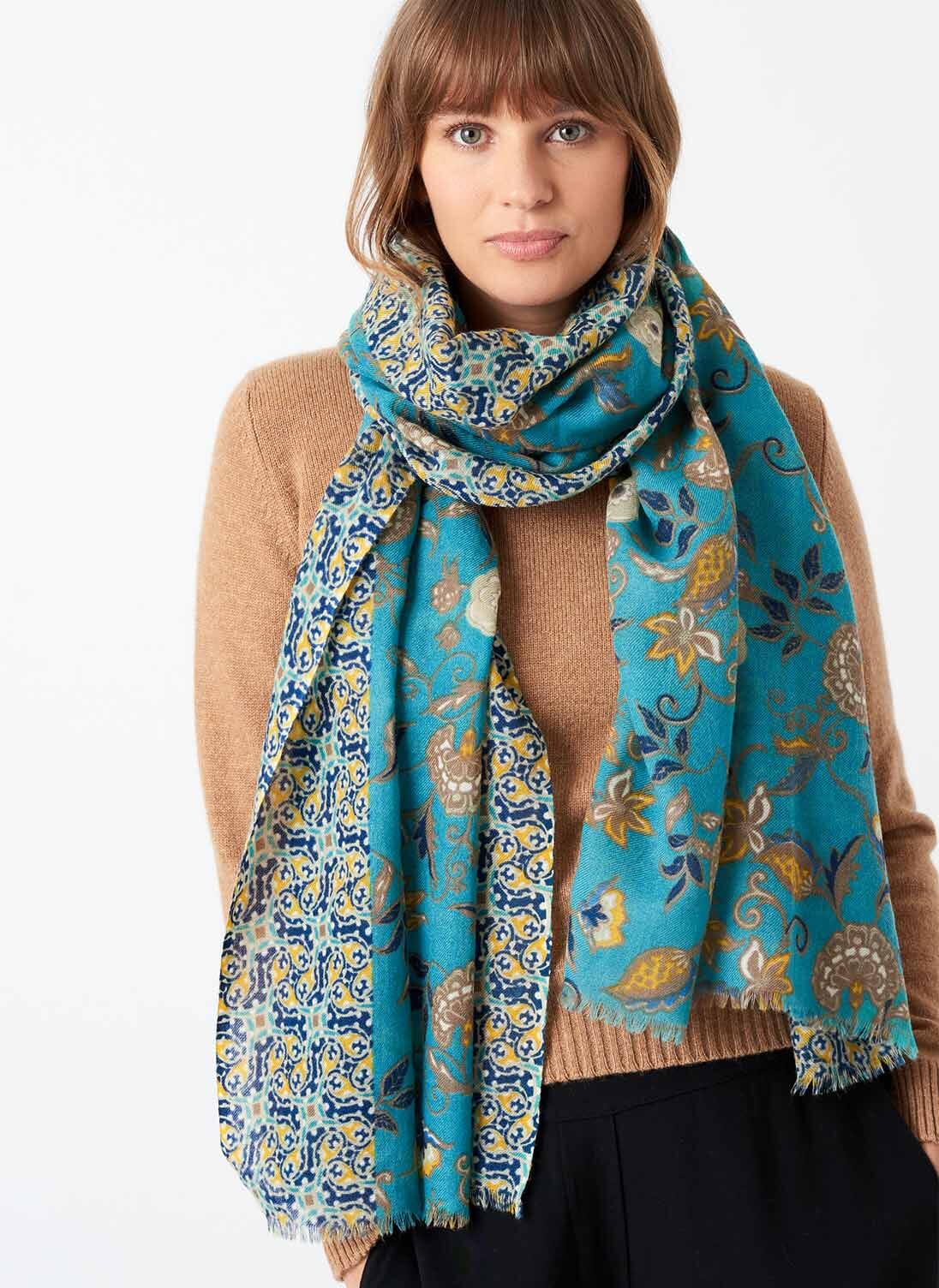 Ocean & Maize Patchwork Wild Flower Wool Stole | Cashmere Scarves ...