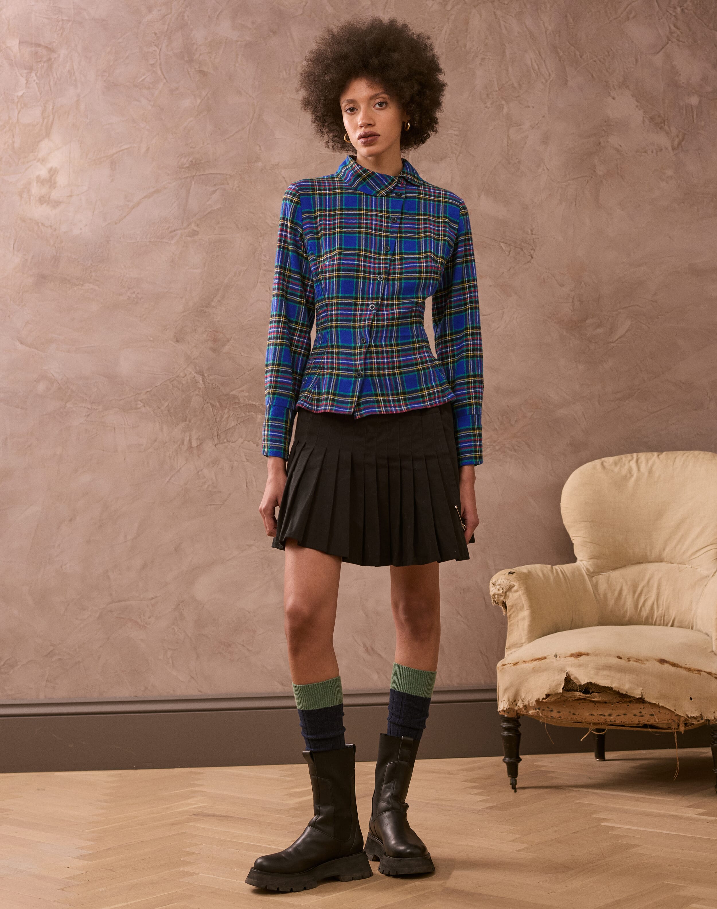 Asymmetric Plaid Shirt in Cobalt | Women's Shirts | SKYE by Brora