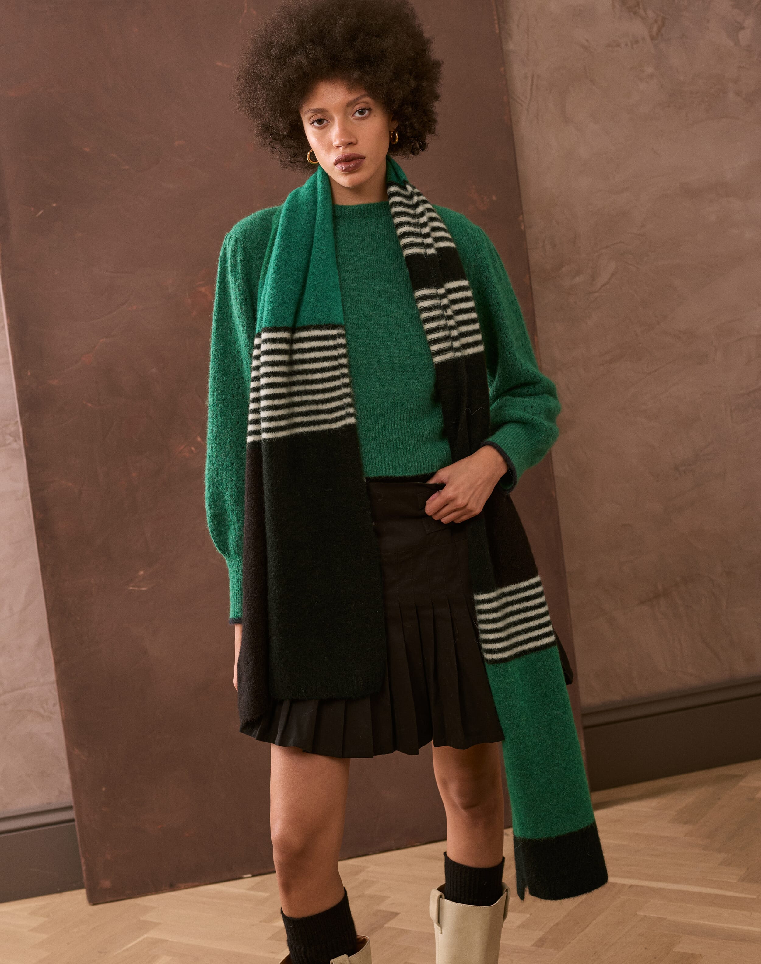 Alpaca Stripe Scarf in Black & Emerald | SKYE by Brora
