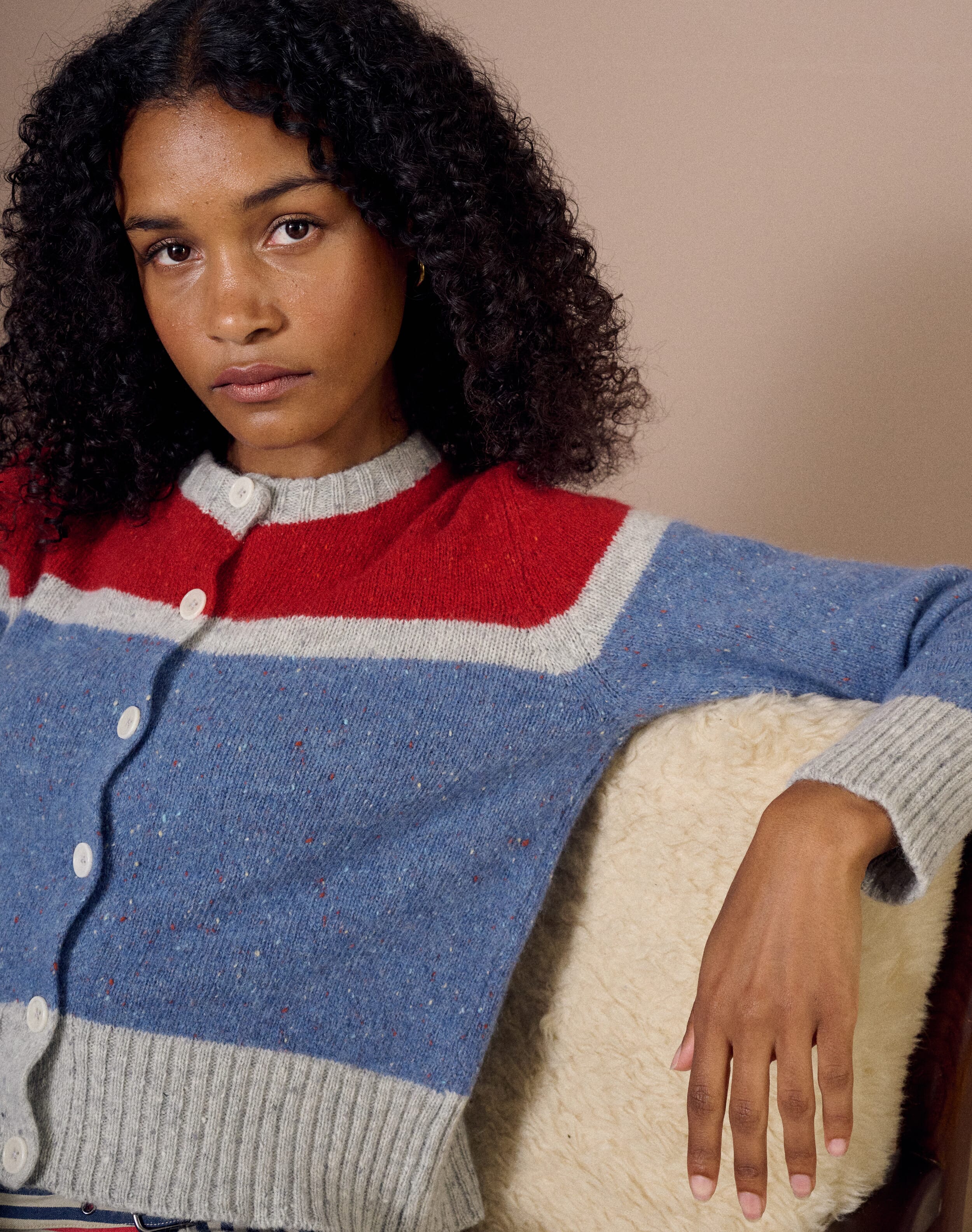 The Wool Donegal Colour Block Cardigan in Storm & Ruby | SKYE