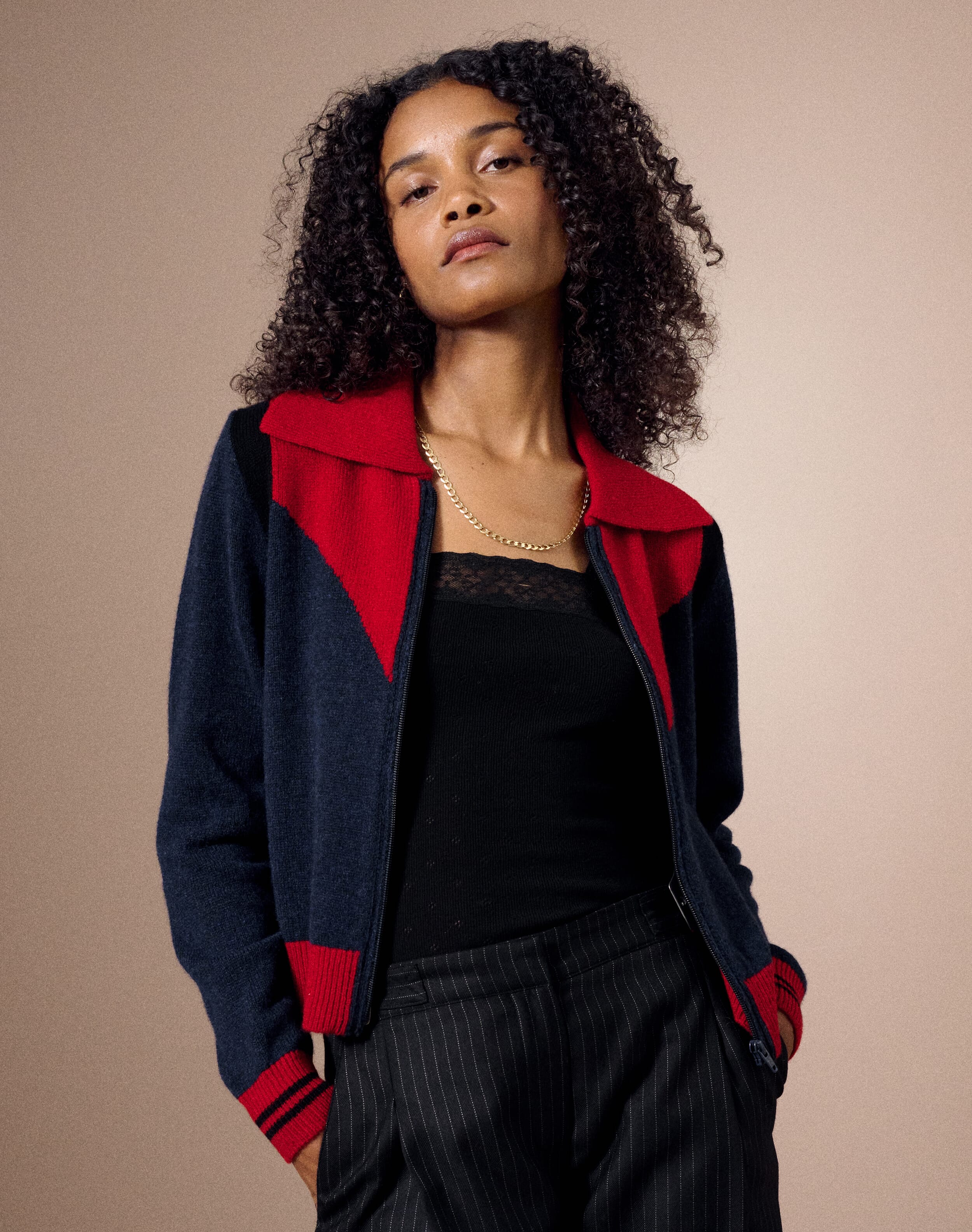 The Supersoft Lambswool Zip Jacket in Navy & Ruby | SKYE