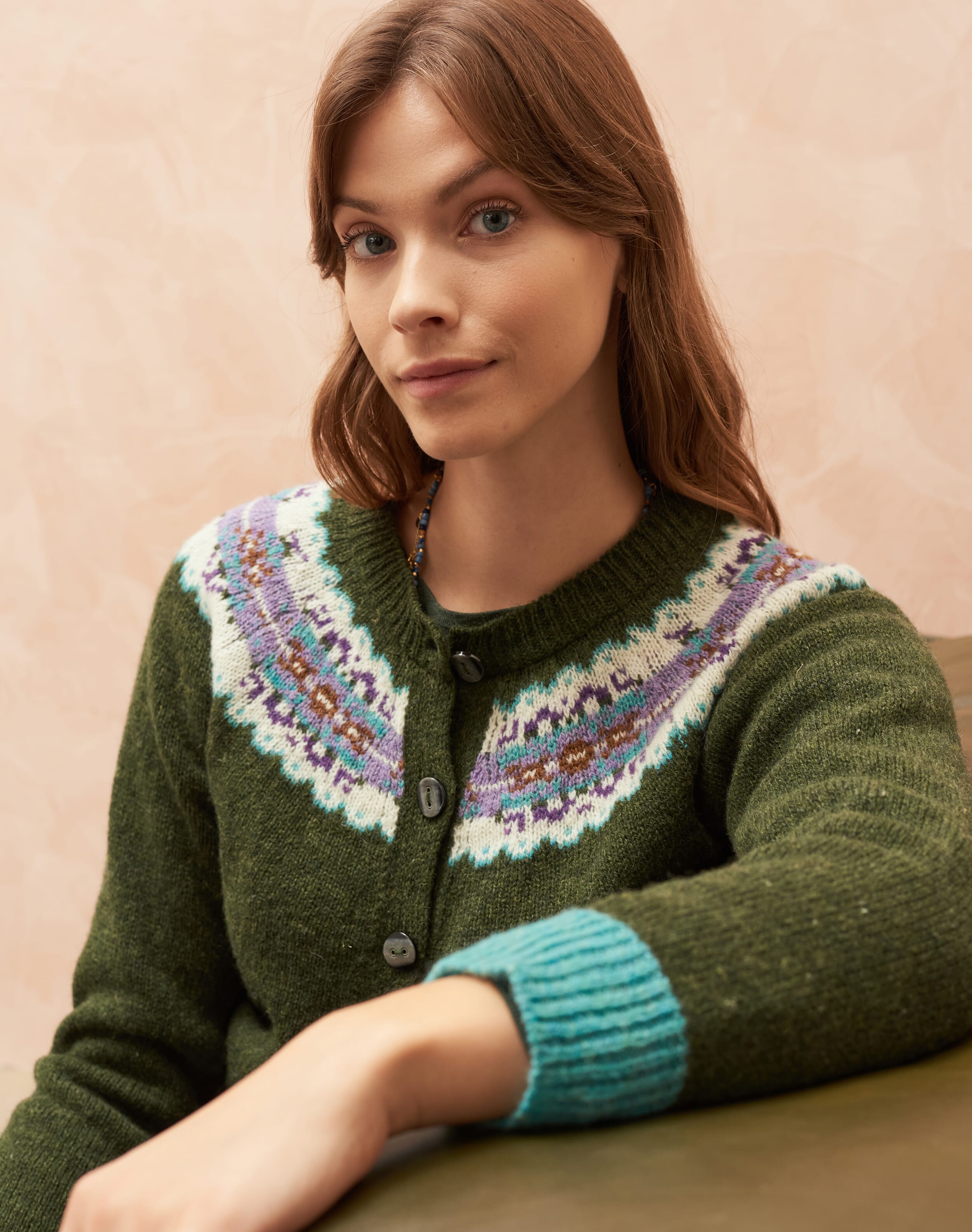 Wool Fair Isle Yoke Cardigan in Sorrel | Knitwear | Brora