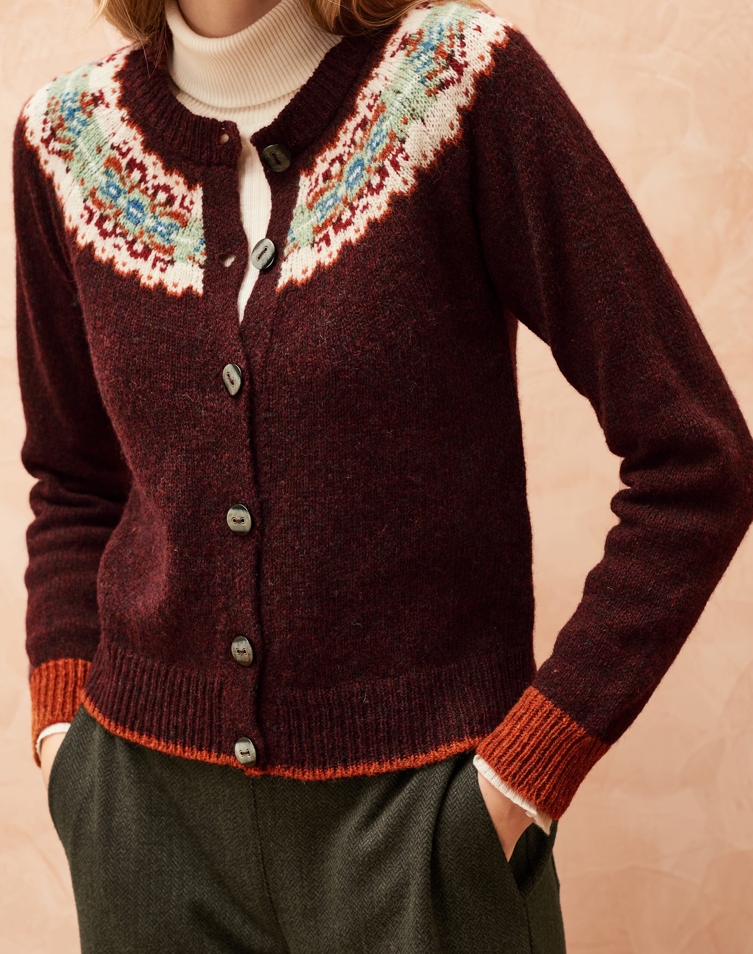 Wool Fair Isle Yoke Cardigan in Bordeaux | Women's Knitwear | Brora