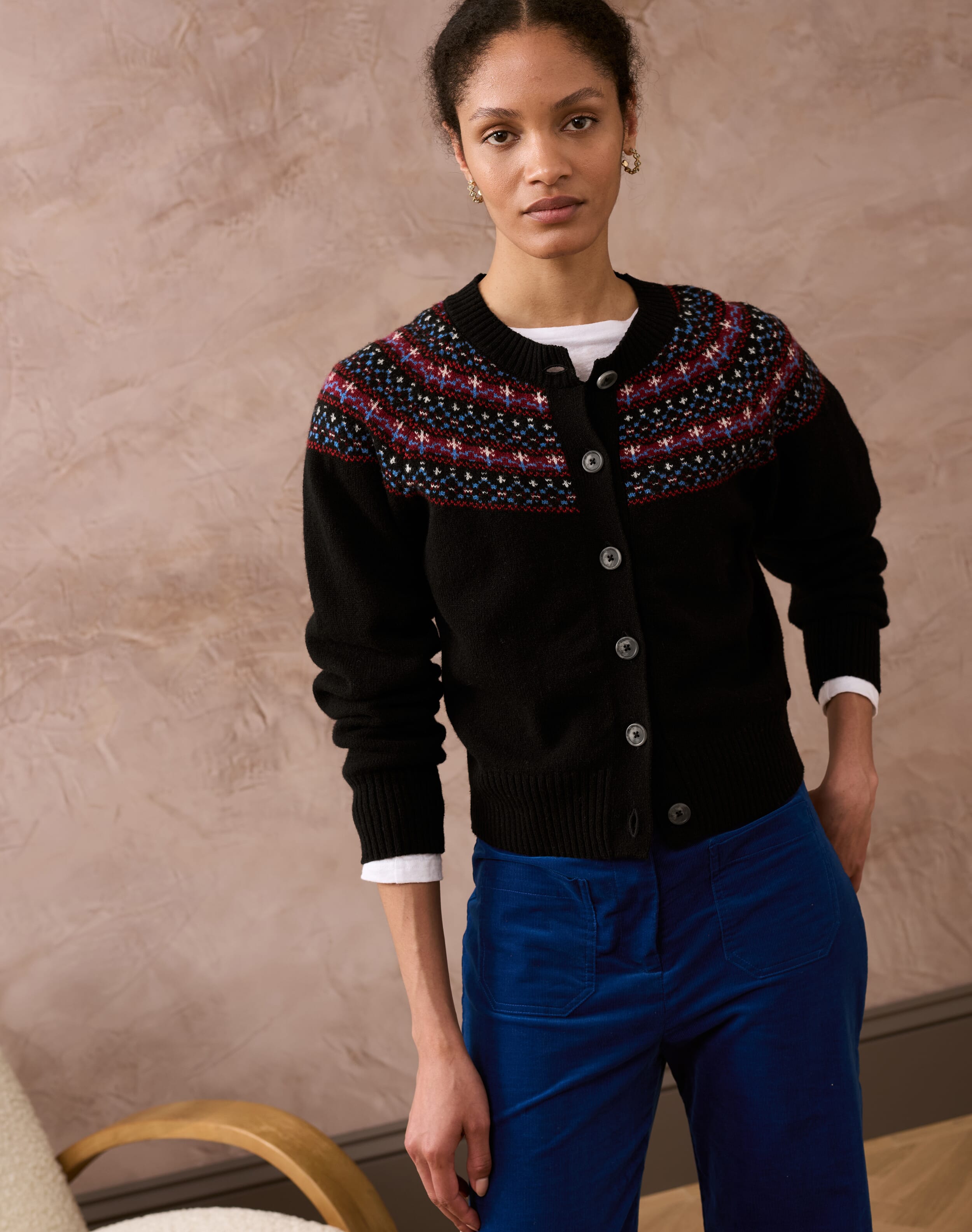 Black Merino Lambswool Fair Isle Cardigan | Knitwear | Brora