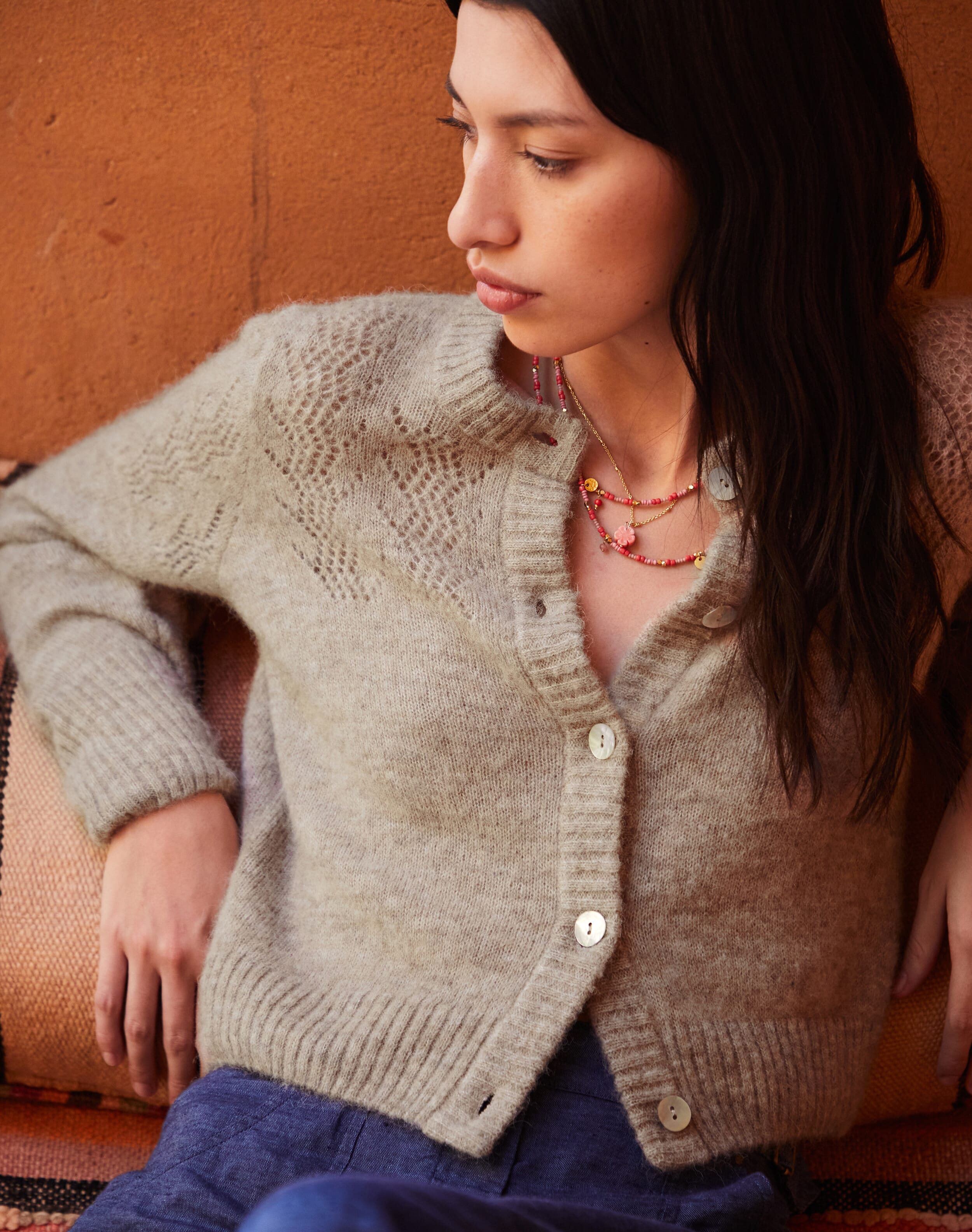 Alpaca Textured Cardigan in Fawn | Women's Cardigans | Brora