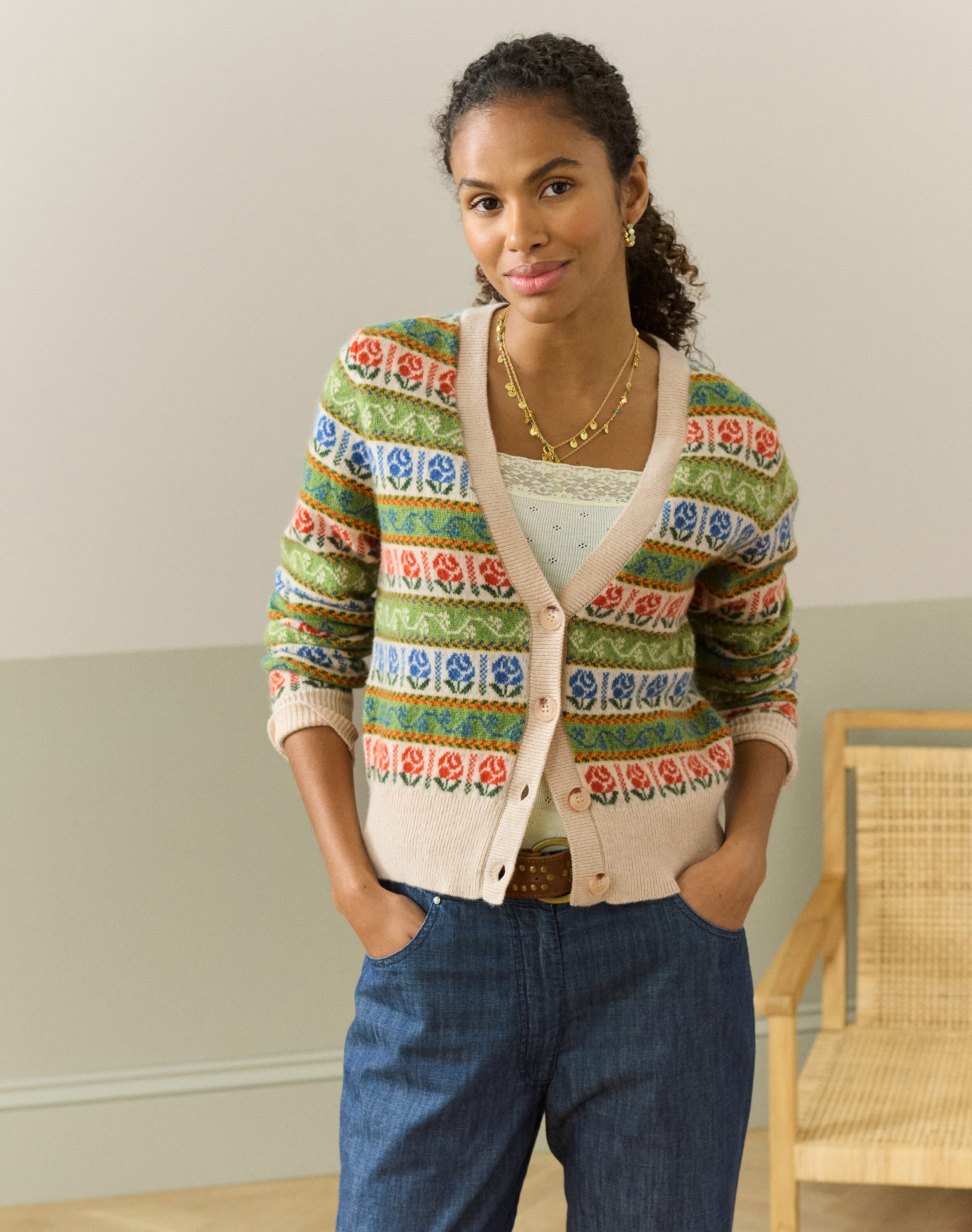Almond Supersoft Lambswool Fair Isle Cardigan | Ladies | Brora