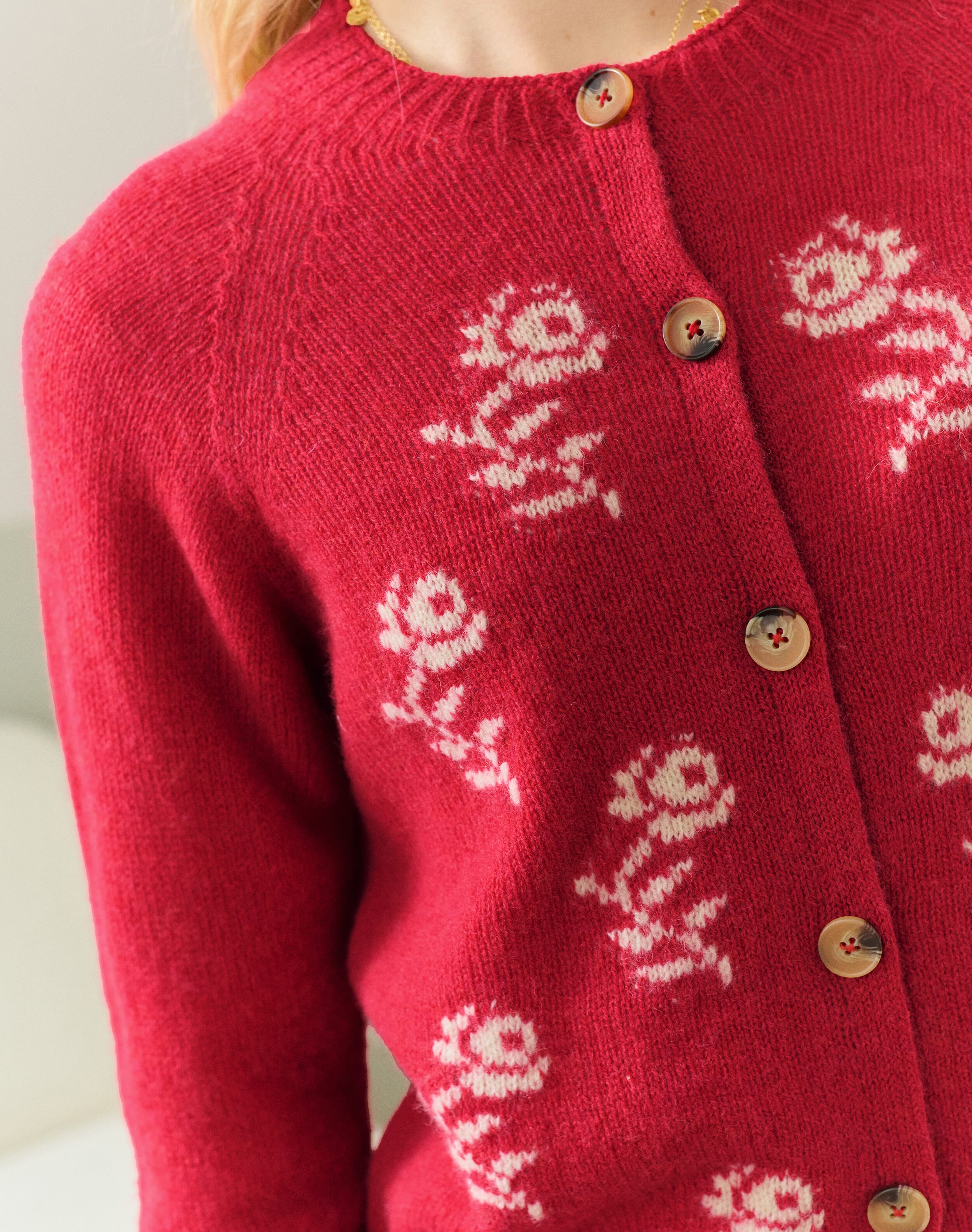 Wool Flower Motif Cardigan in Ruby | Women's Cardigans| Brora