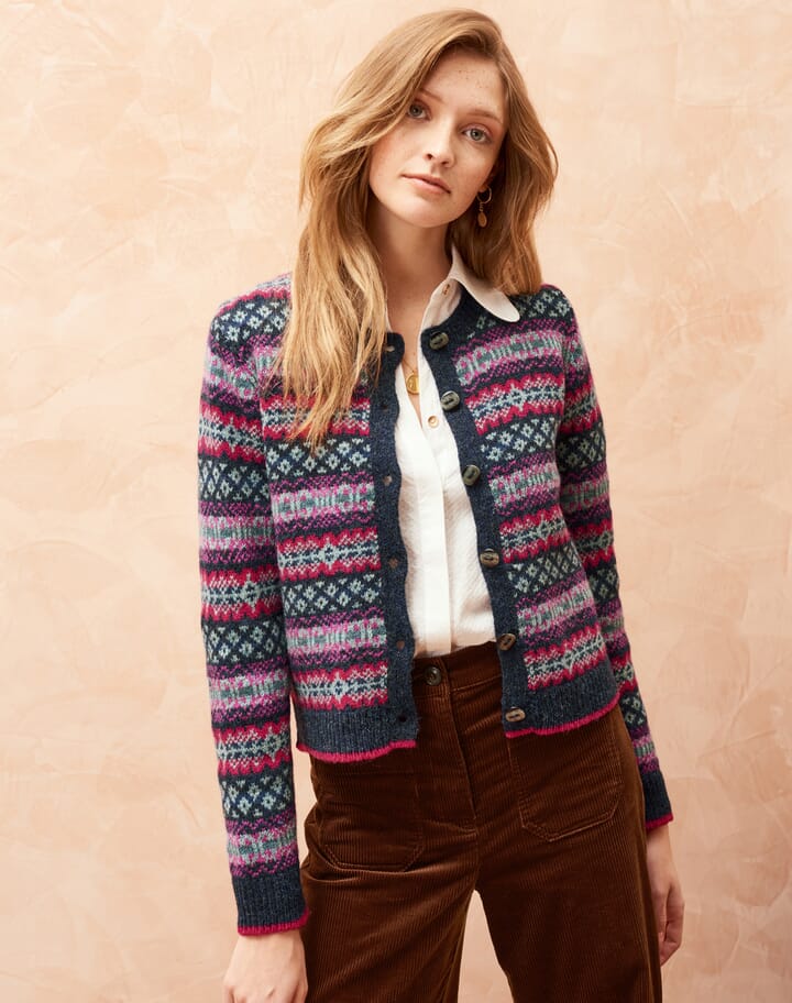Wool Fair Isle Cardigan in Navy | Women's Knitwear | Brora