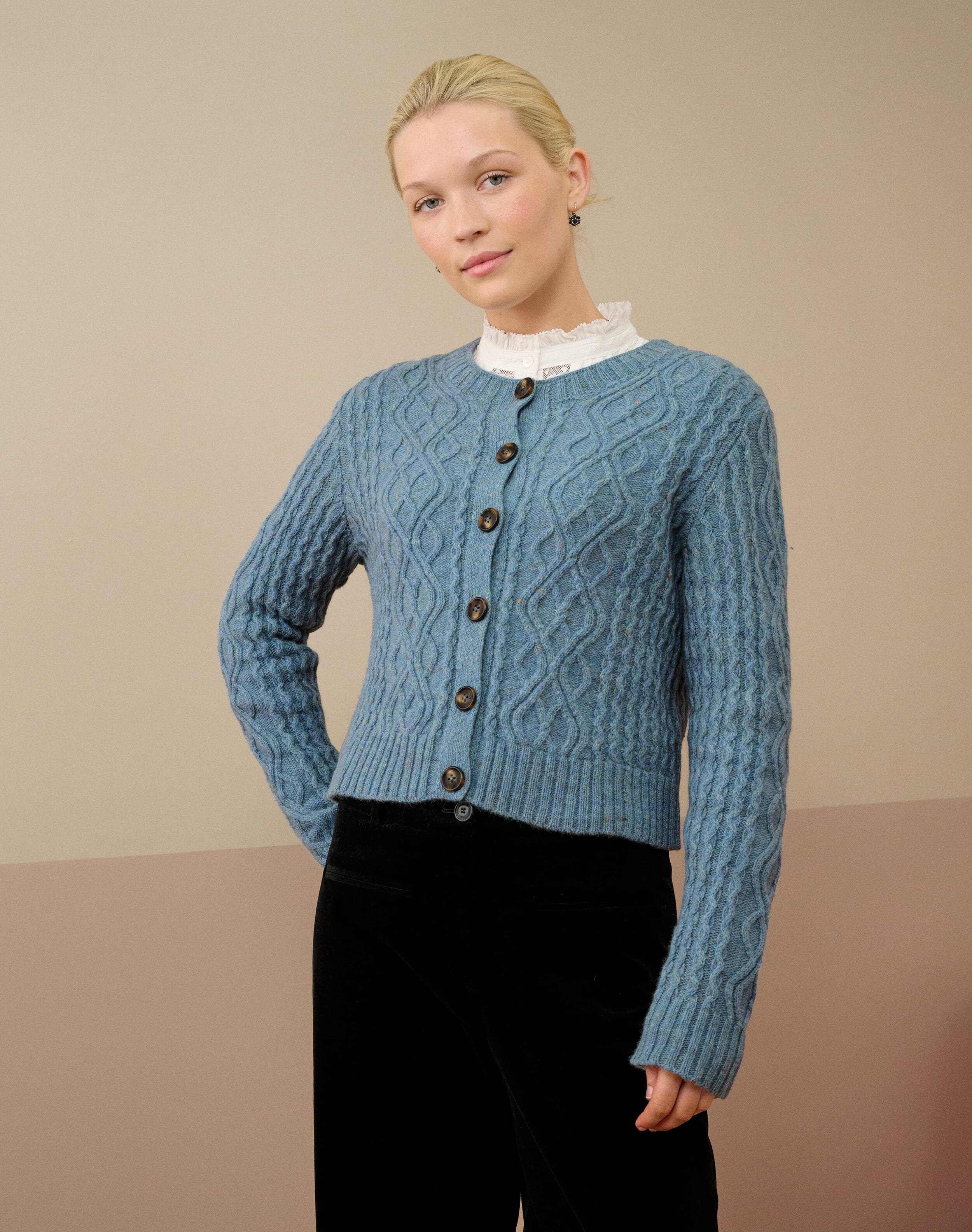 Wool Donegal Aran Cardigan in Nimbus | Brora Clearance