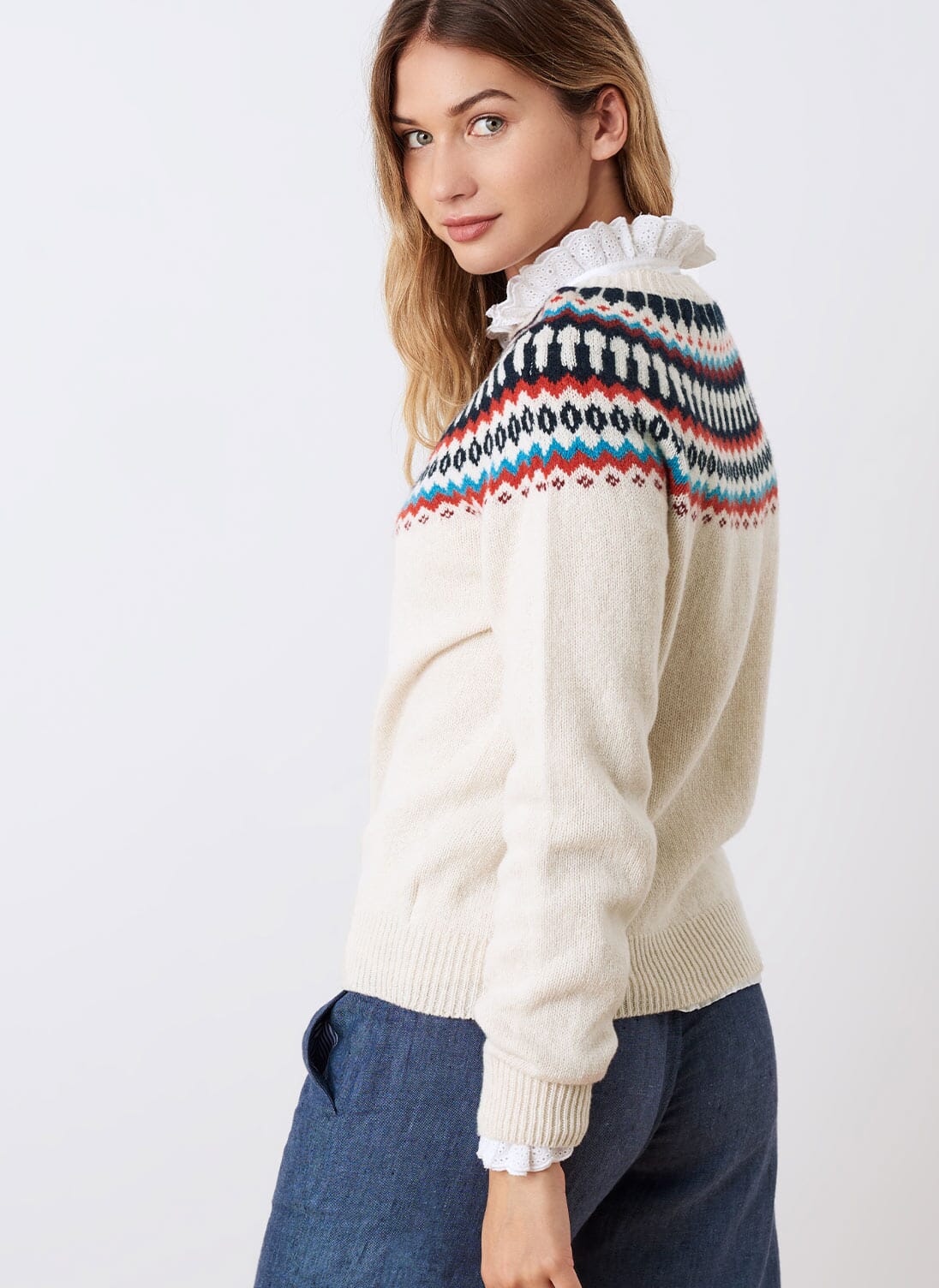 Almond Supersoft Lambswool Fair Isle Yoke Jumper | Jumpers | Brora