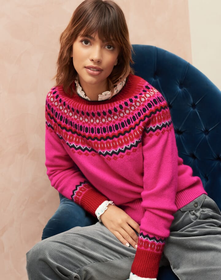 Supersoft Lambswool Fair Isle Yoke Jumper in Fuchsia | Knitwear | Brora